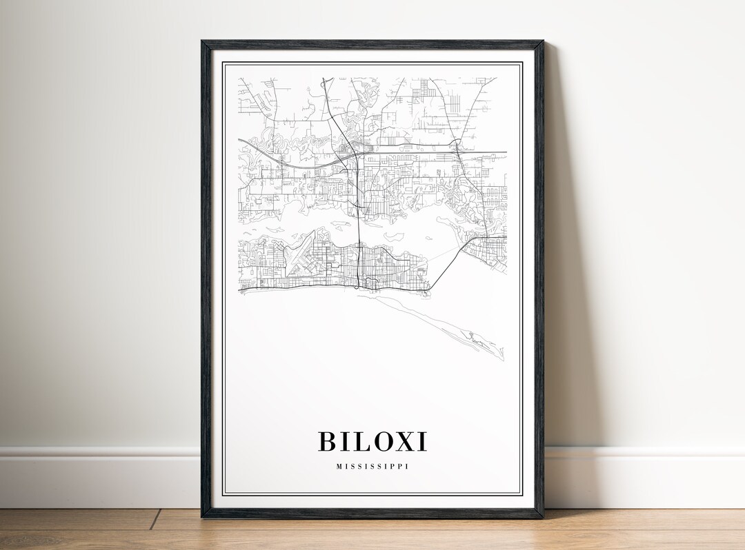 Biloxi Mississippi Map Art Print, Black and White Sketch (digital ...