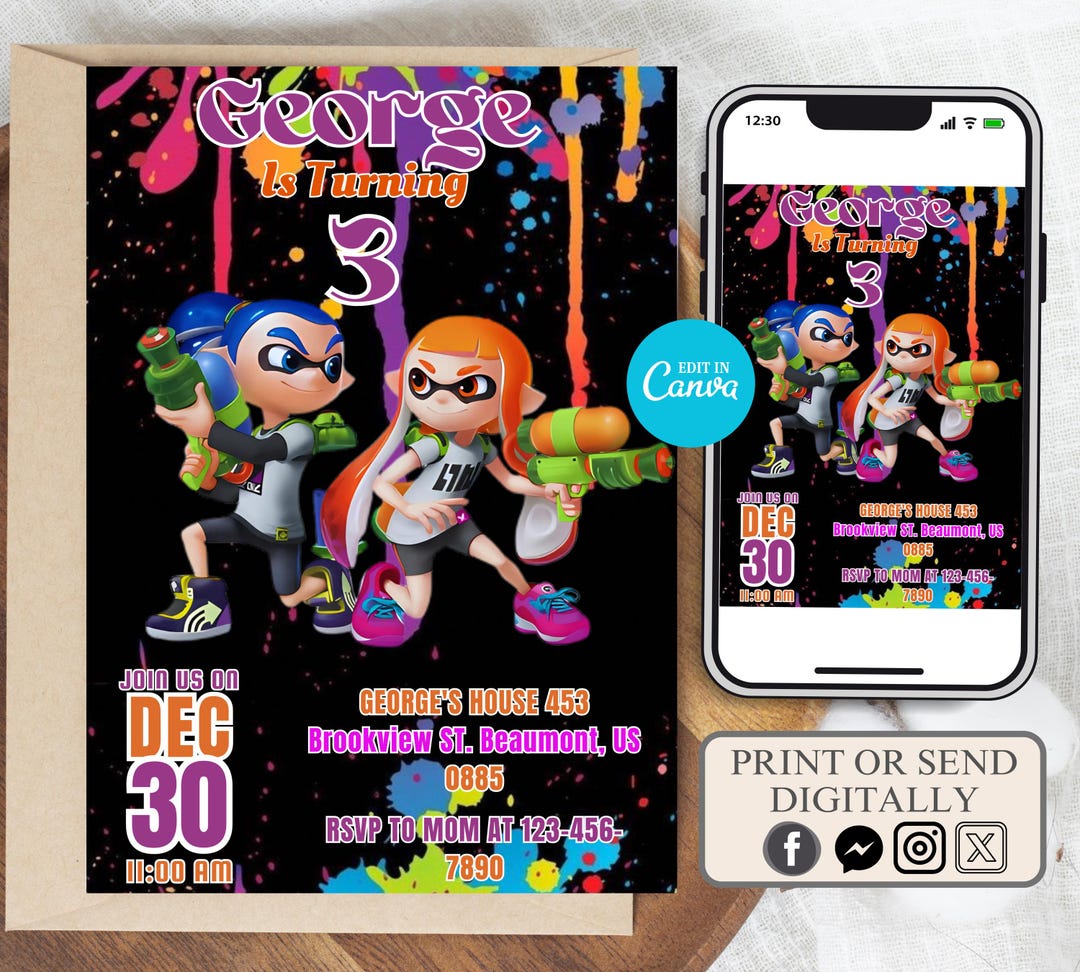 Splatoon Birthday Invitation, Printable Birthday Party Invitations ...