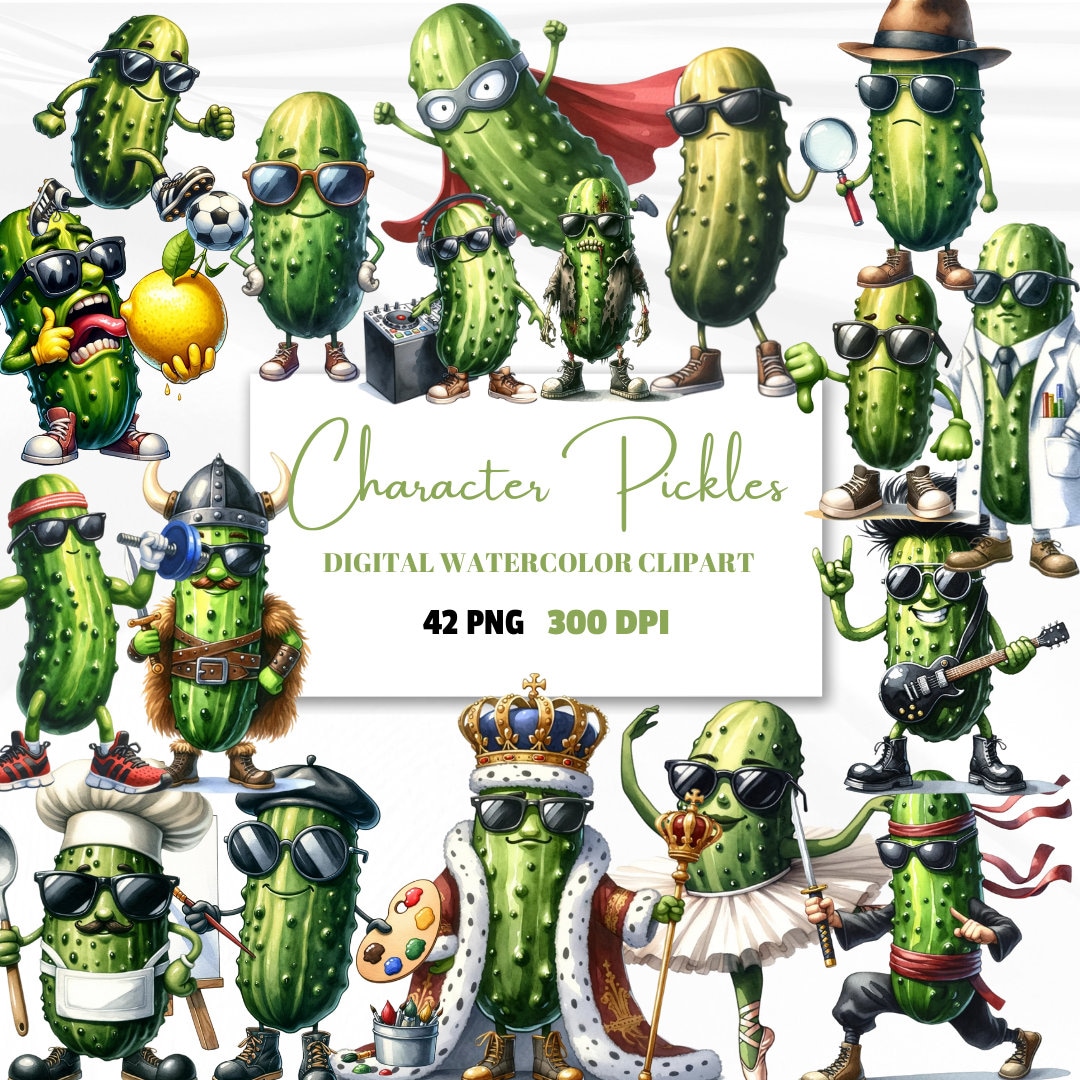 42 Watercolor Pickle Clipart: Character PNG Images (digital Download ...