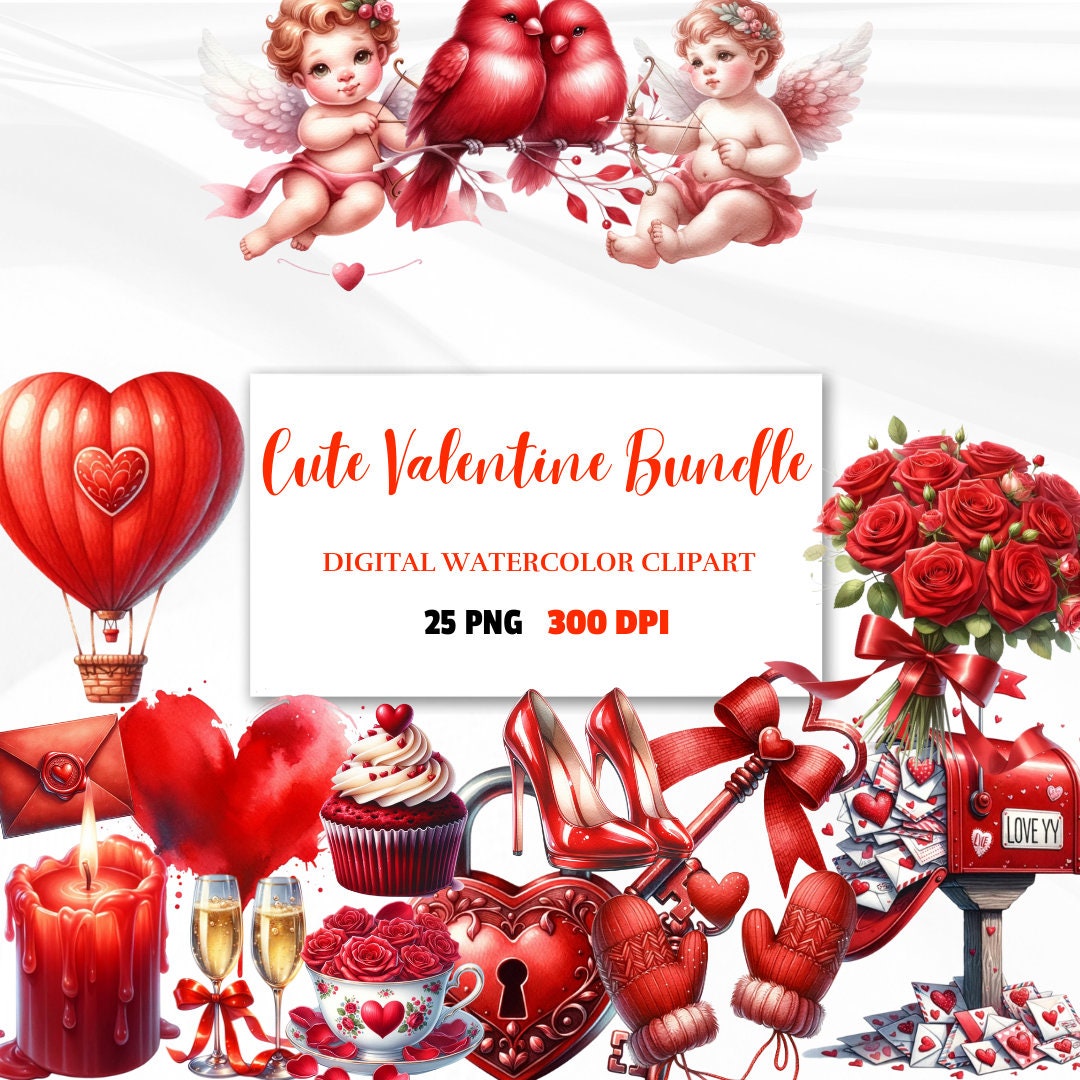 Cute Valentine Clipart Bundle, Animals, Hearts (PNG Digital Download ...