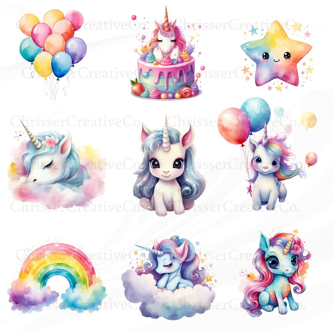 Unicorn Watercolor Clipart Bundle, Cute Kawaii PNG (digital Download ...