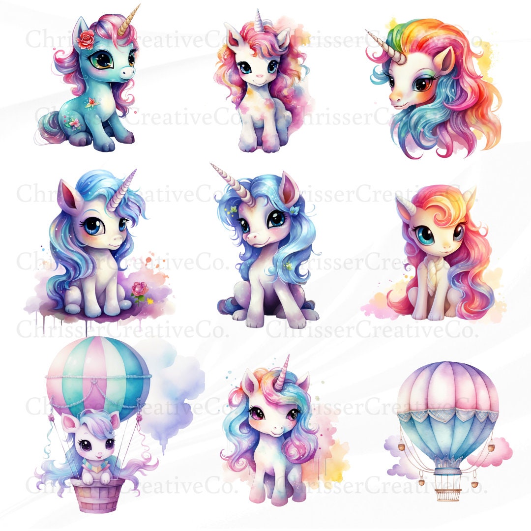 Unicorn Watercolor Clipart Bundle, Cute Kawaii PNG (digital Download ...