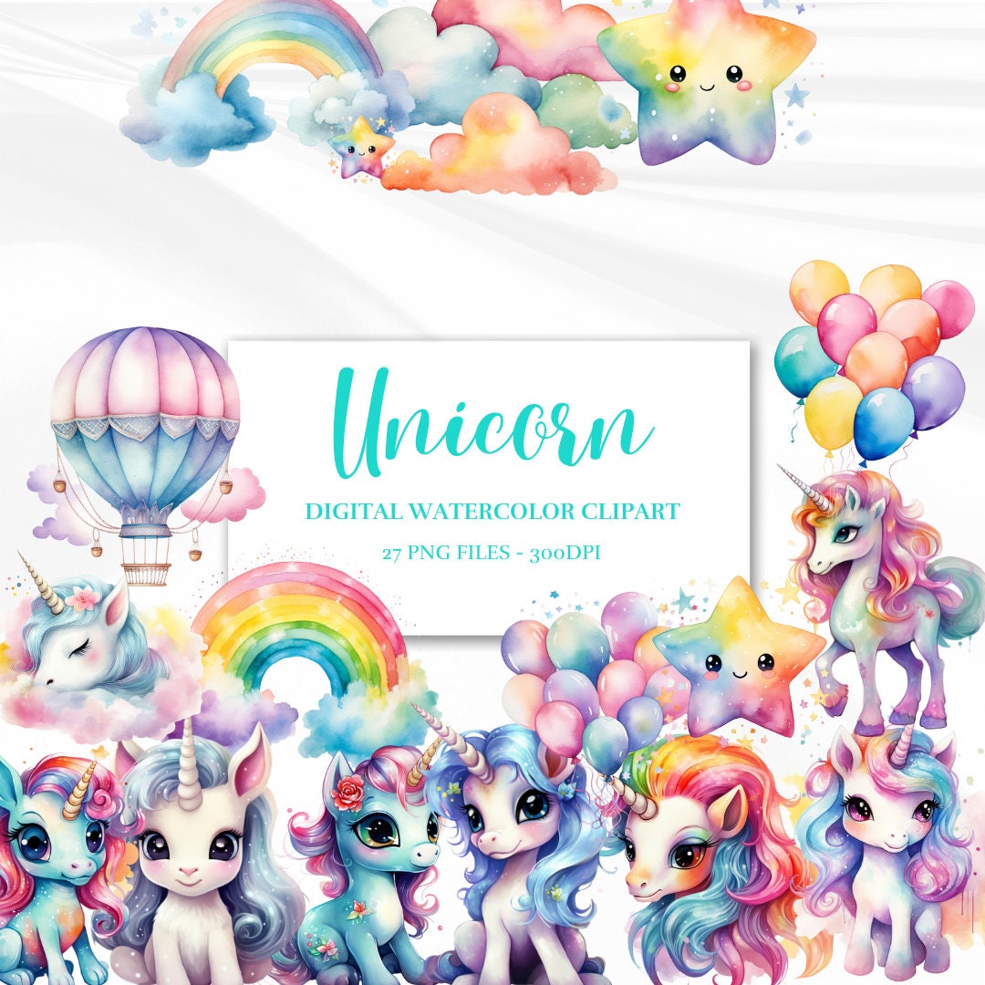 Unicorn Watercolor Clipart Bundle, Cute Kawaii PNG (digital Download ...