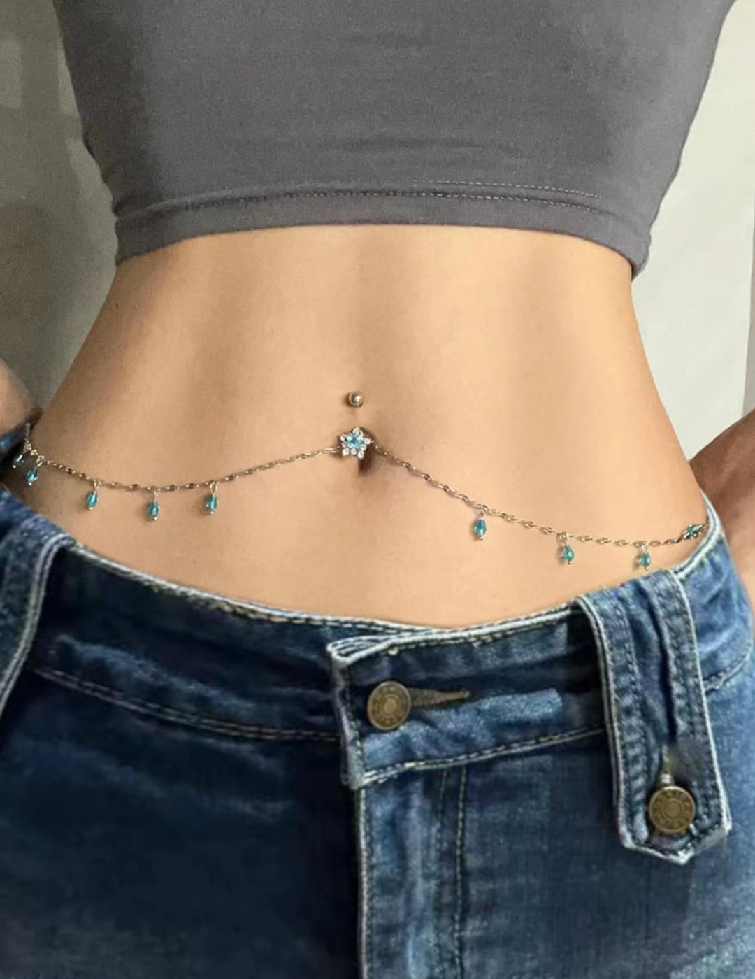 Flower Decor Waist Chain With Navel Belly Ring Waist Chain Crystal Bikini Belly Piercing Chain ...