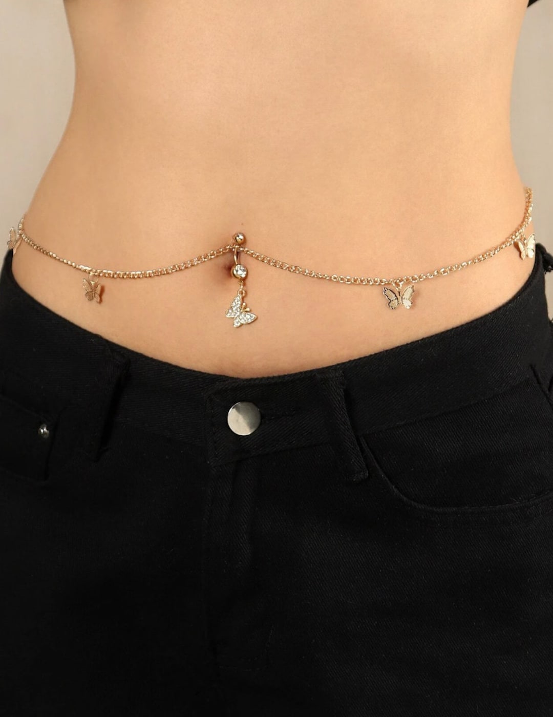 Butterfly Decor Waist Chain With Belly Ring Waist Chain Crystal Bikini Belly Piercing Chain Body ...