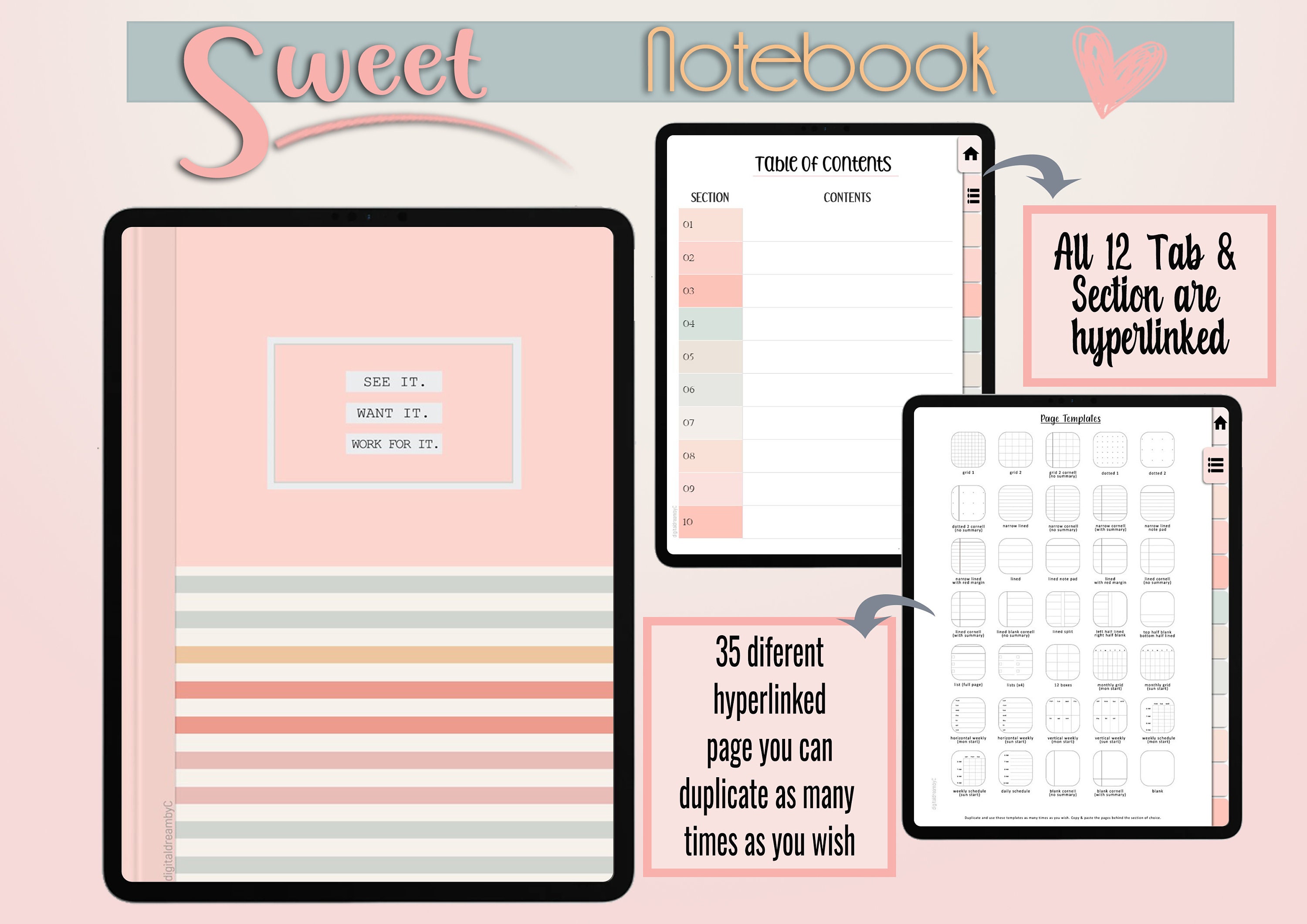SWEET NOTEBOOK 12 Tab Digital Notebook Hyperlinked PDF - Etsy