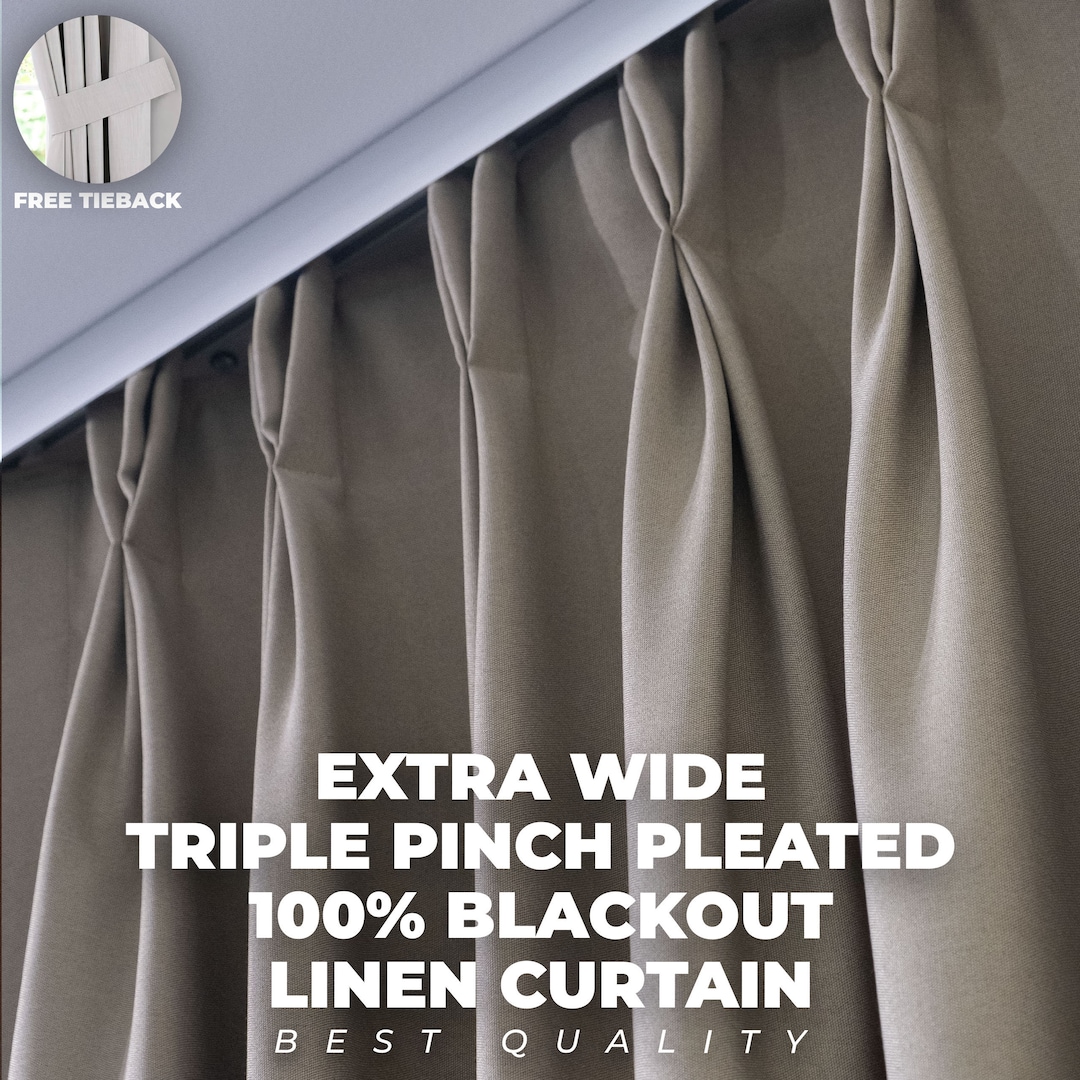 Extra Wide 100% Blackout Lined Triple Pinch Pleated Linen Curtains , 24 ...