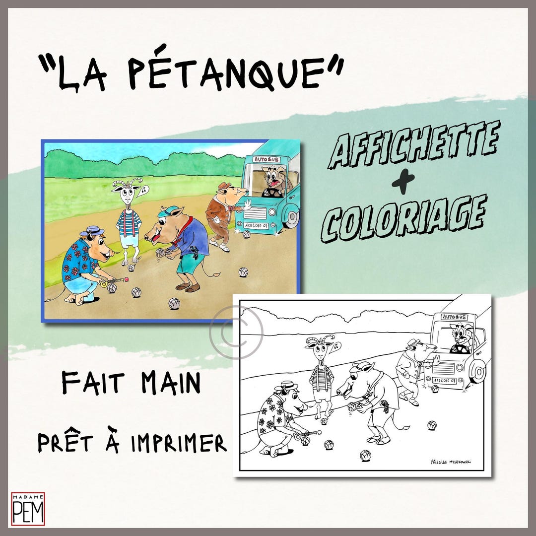 Petanque: Colorful Illustration Coloring. Handmade Drawing to Print. A4 ...
