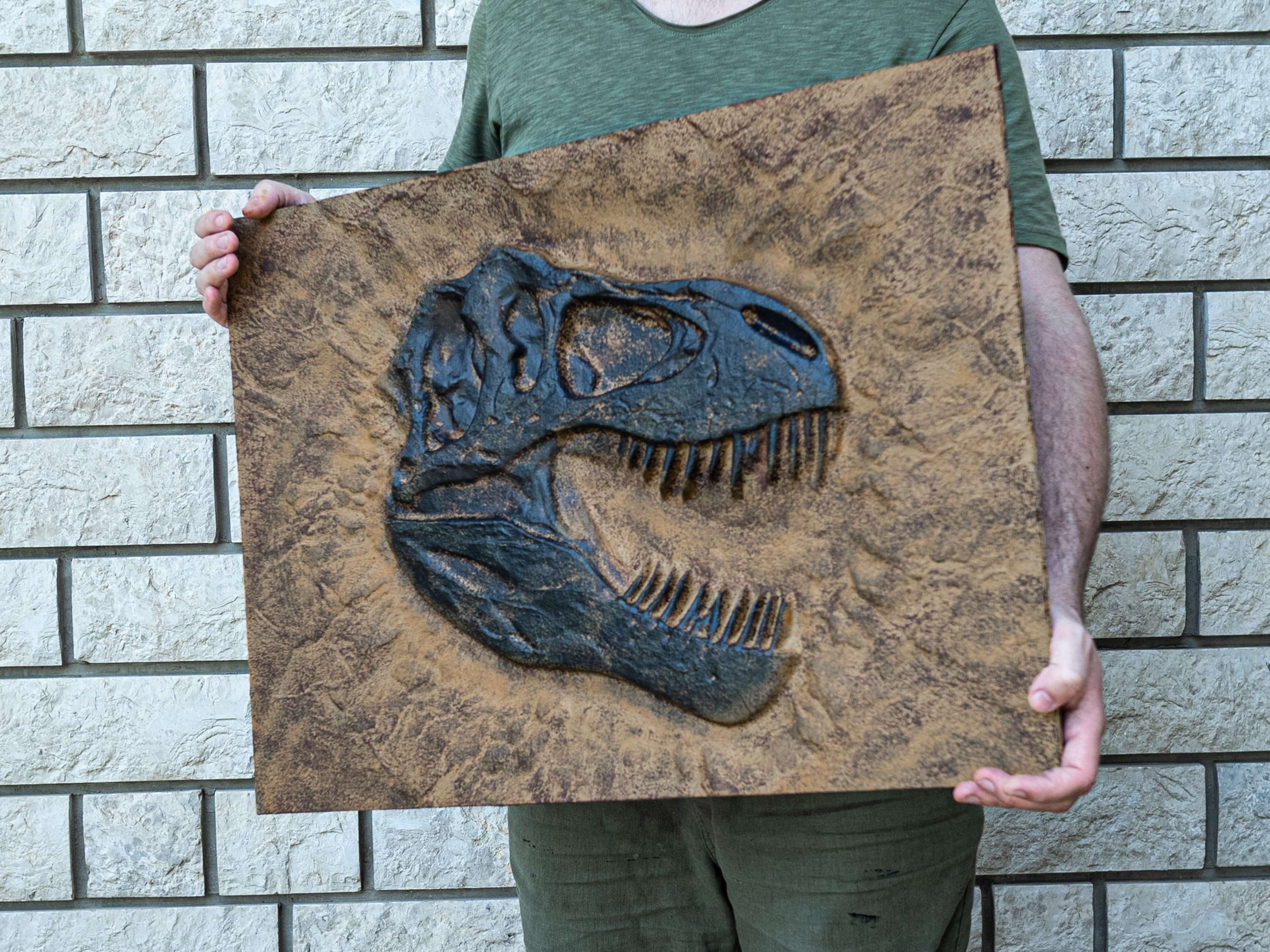 Dinosaur Skull Fossil Carving. 3D Relief. Prehistoric Wall Art Mount. T ...