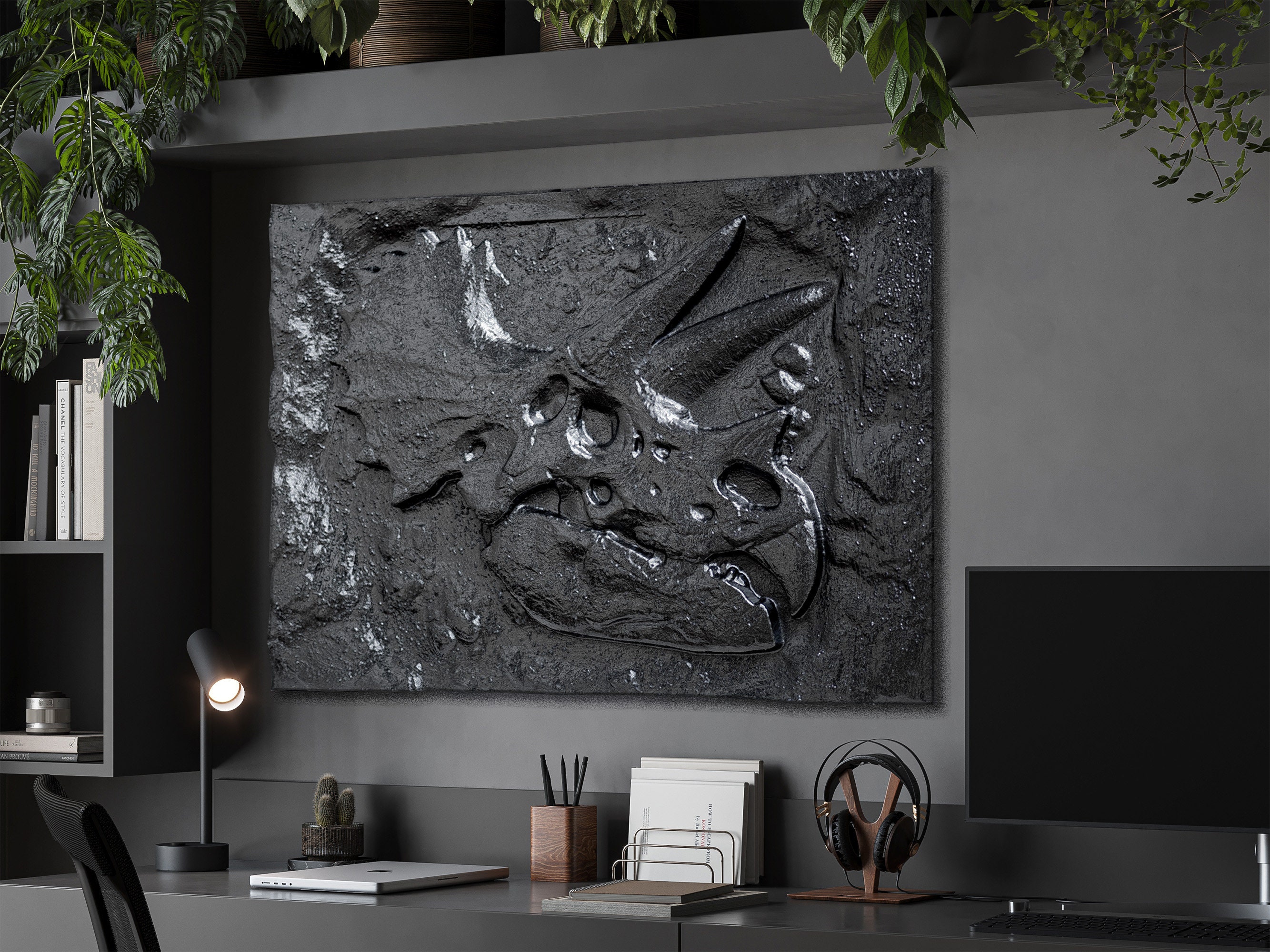 Triceratops Skull Fossil Carving. 3D Relief. Prehistoric Wall Art. Many ...