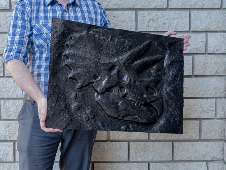 Triceratops Skull Fossil Carving. 3D Relief. Prehistoric Wall Art. Many ...