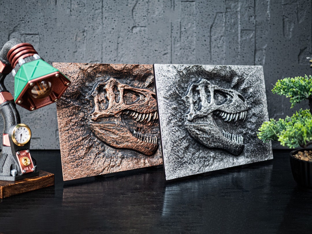 Dinosaur Skull Fossil Carving. 3D Relief. Prehistoric Wall Art Mount. T ...