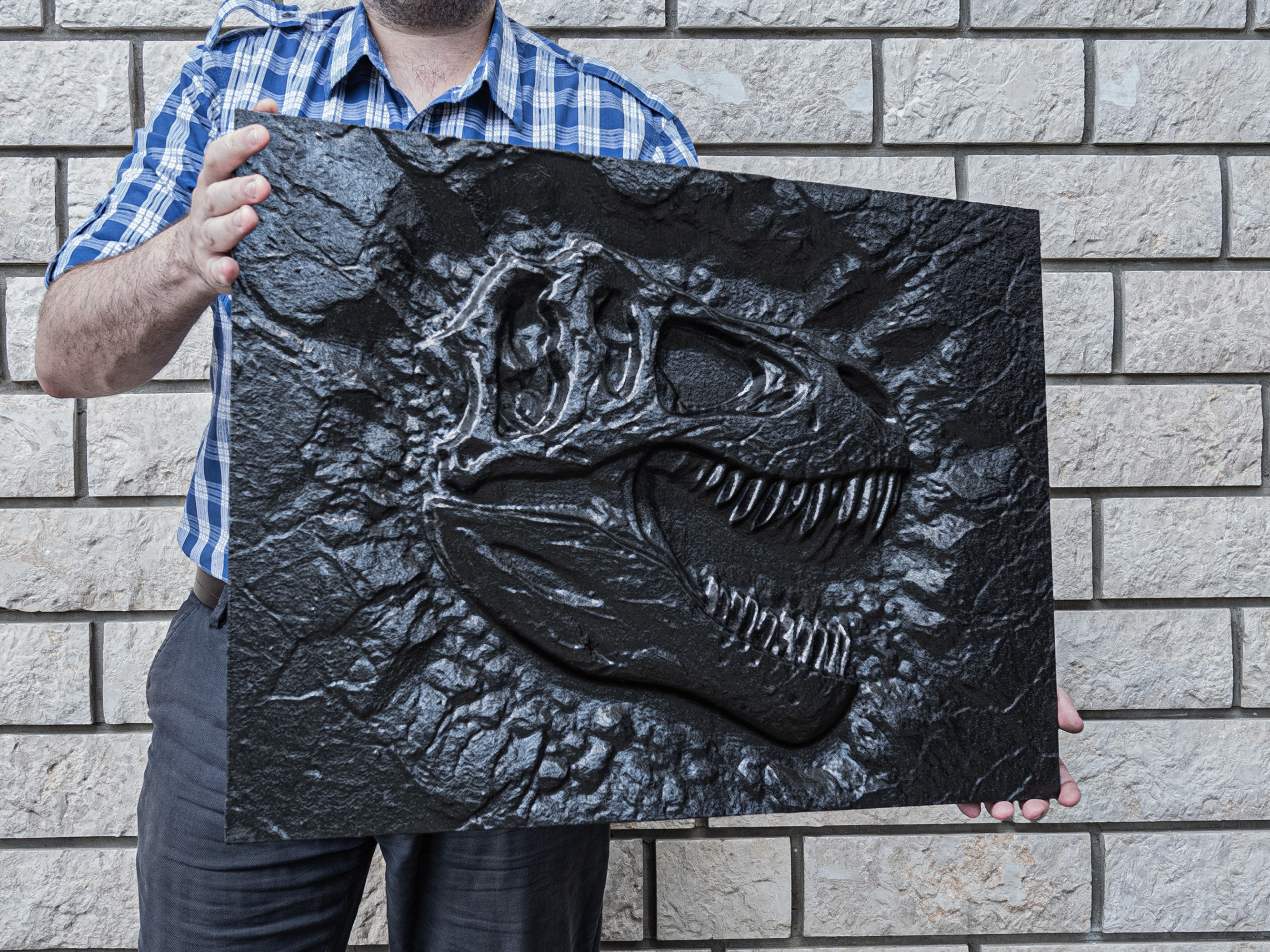 Dinosaur Skull Fossil Carving. 3D Relief. Prehistoric Wall Art Mount. T ...