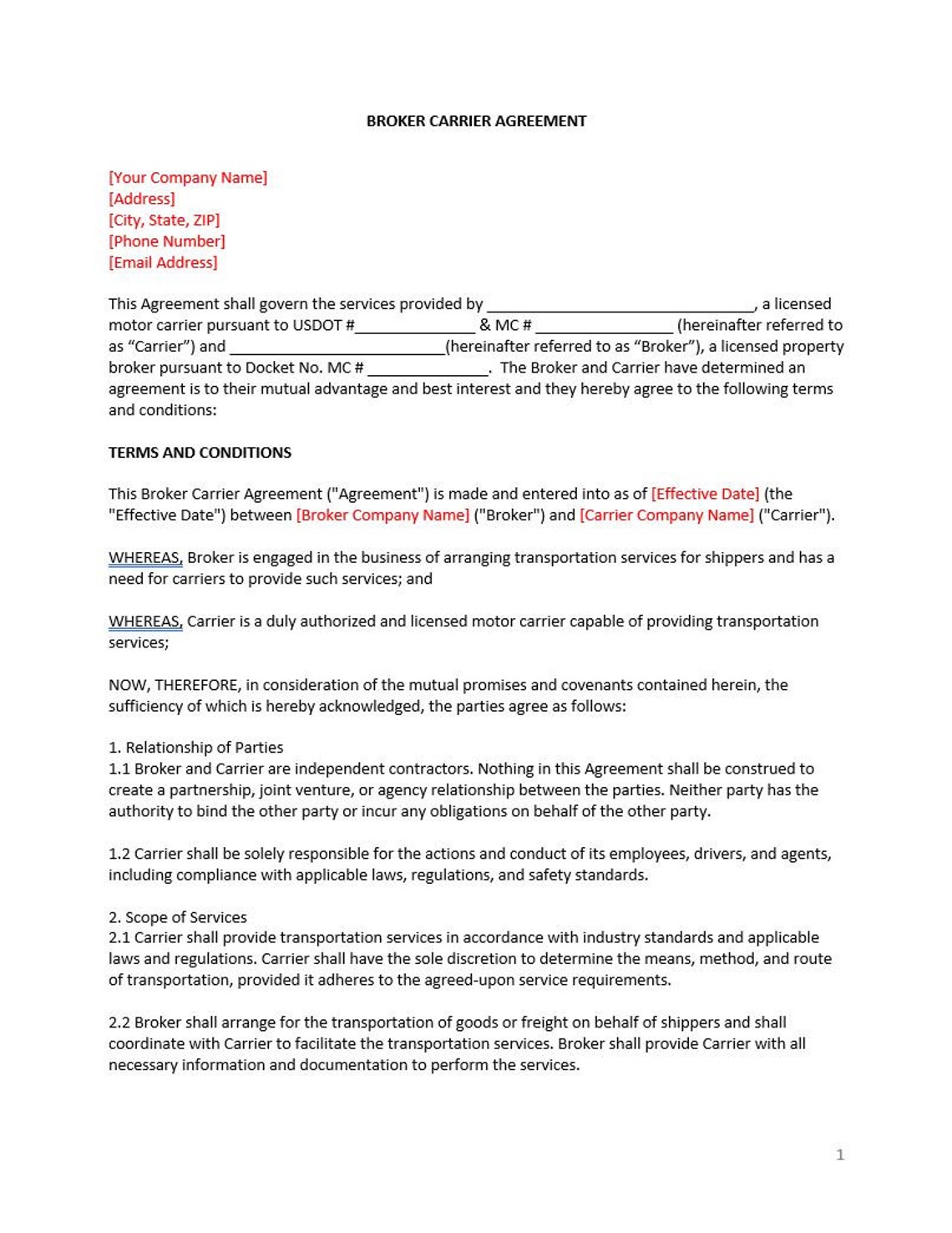 Broker Carrier Agreement Template - Etsy