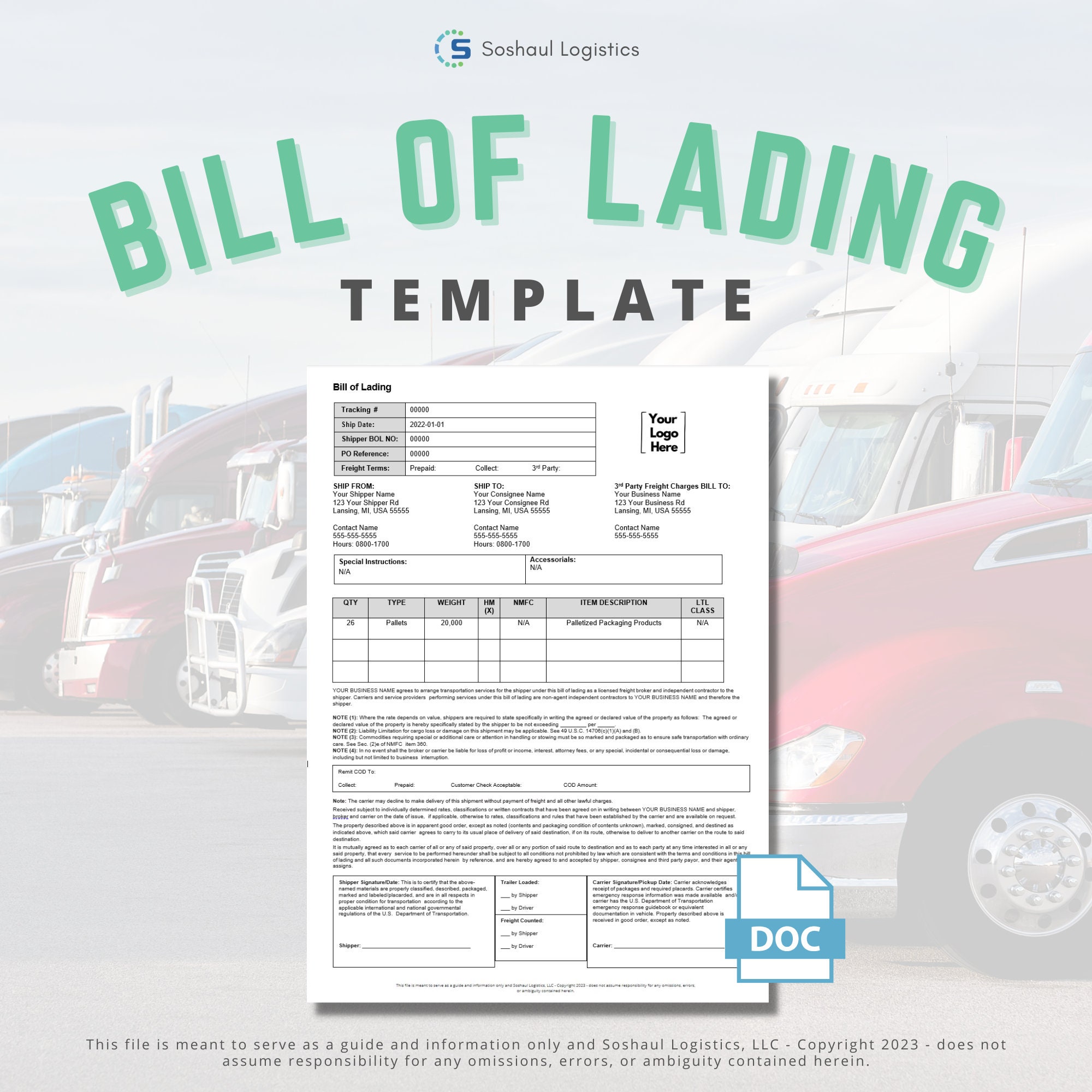 Bill of Lading Template - Etsy