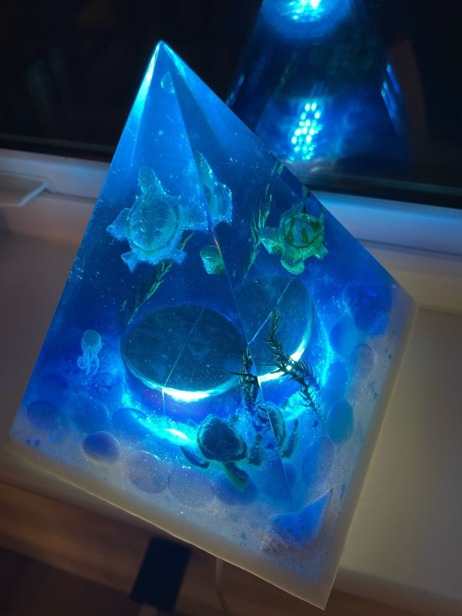 Sea Turtle Deep Ocean Large Resin Pyramid LED Lamp, Coastal Beach House ...