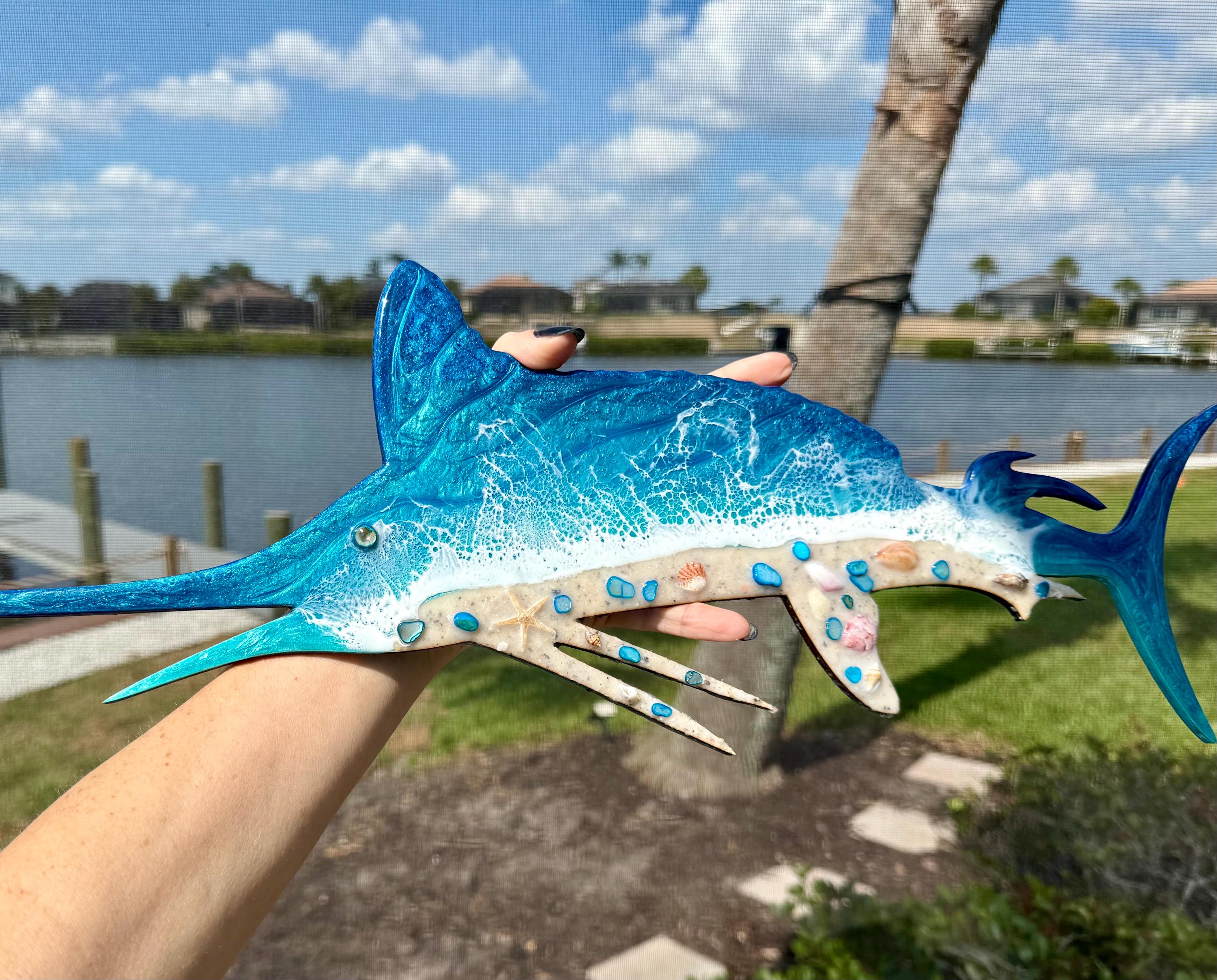 Resin Marlin Swordfish Wall Art: Metallic Ocean Waves Coastal Decor - Etsy