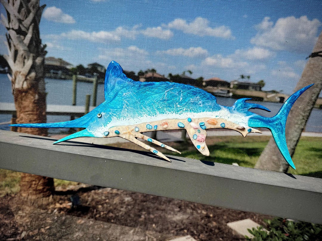 Resin Marlin Swordfish Wall Art: Metallic Ocean Waves Coastal Decor - Etsy