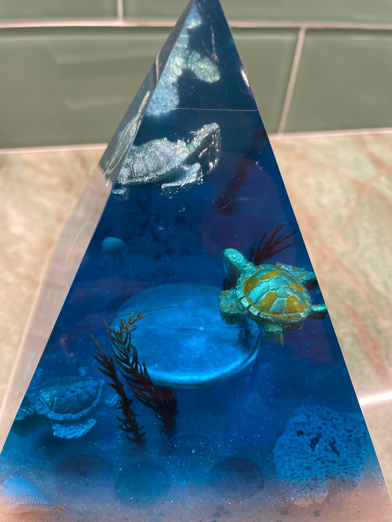 Sea Turtle Deep Ocean Large Resin Pyramid LED Lamp, Coastal Beach House ...