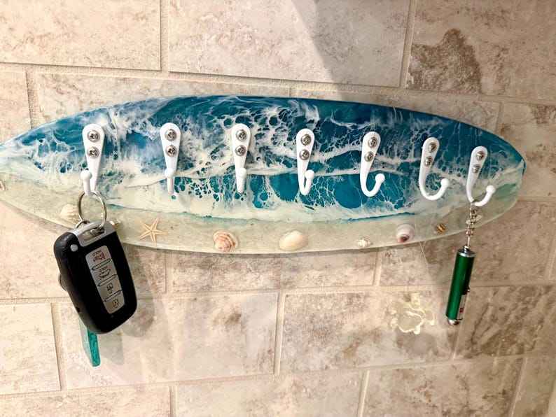 Resin Ocean Wave Surfboard Towel/key Rack: Beach Sand & Shells - Etsy