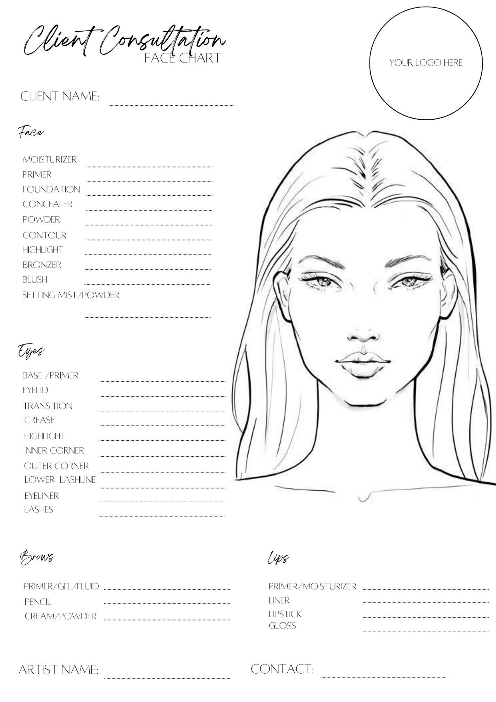 Makeup Face Chart, Face Chart Practice Sheets, Printable Make up ...