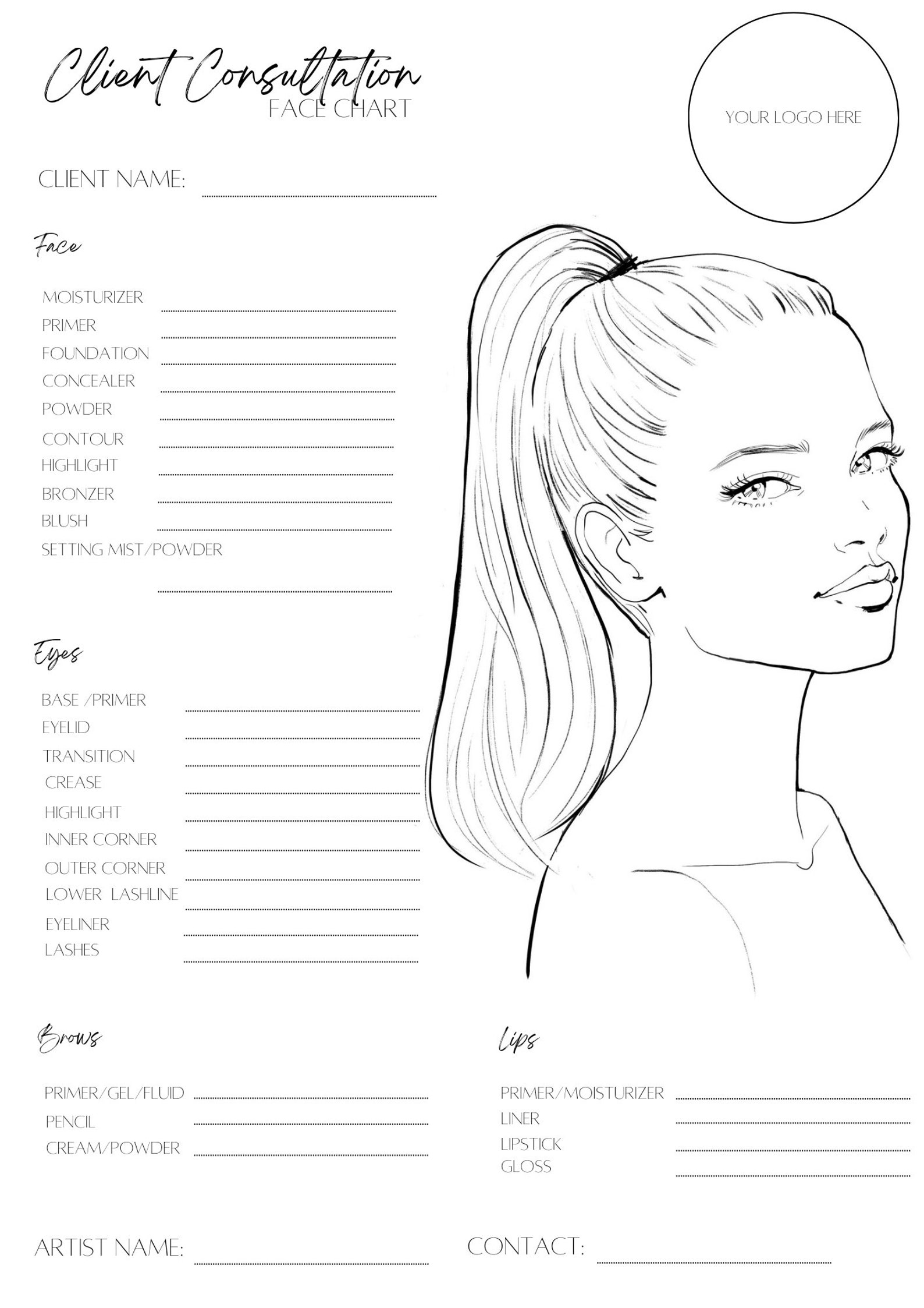 Makeup Face Chart, Face Chart Practice Sheets, Printable Make up ...