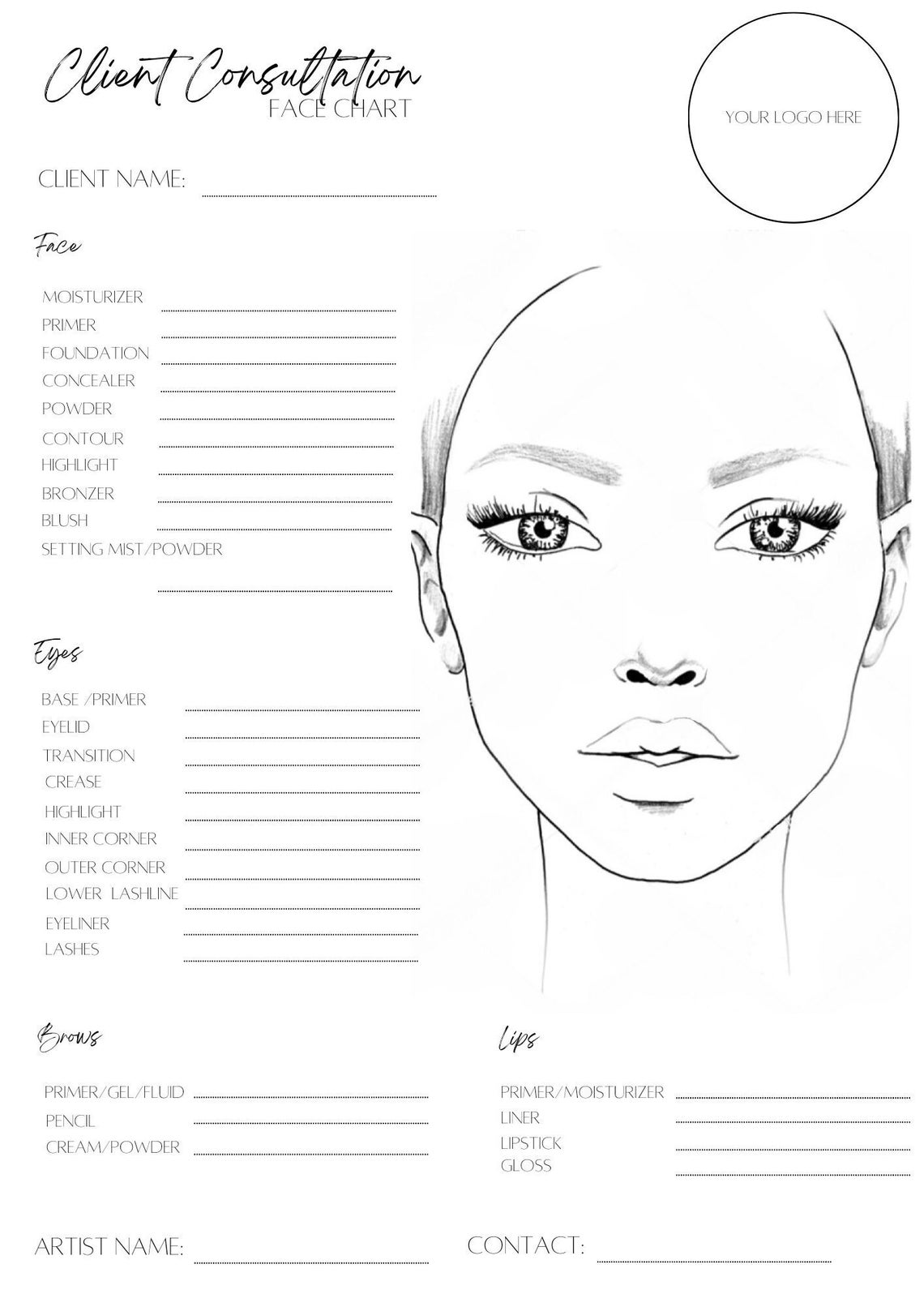 Makeup Face Chart, Face Chart Practice Sheets, Printable Make up Practice Sheets, Blank Face ...