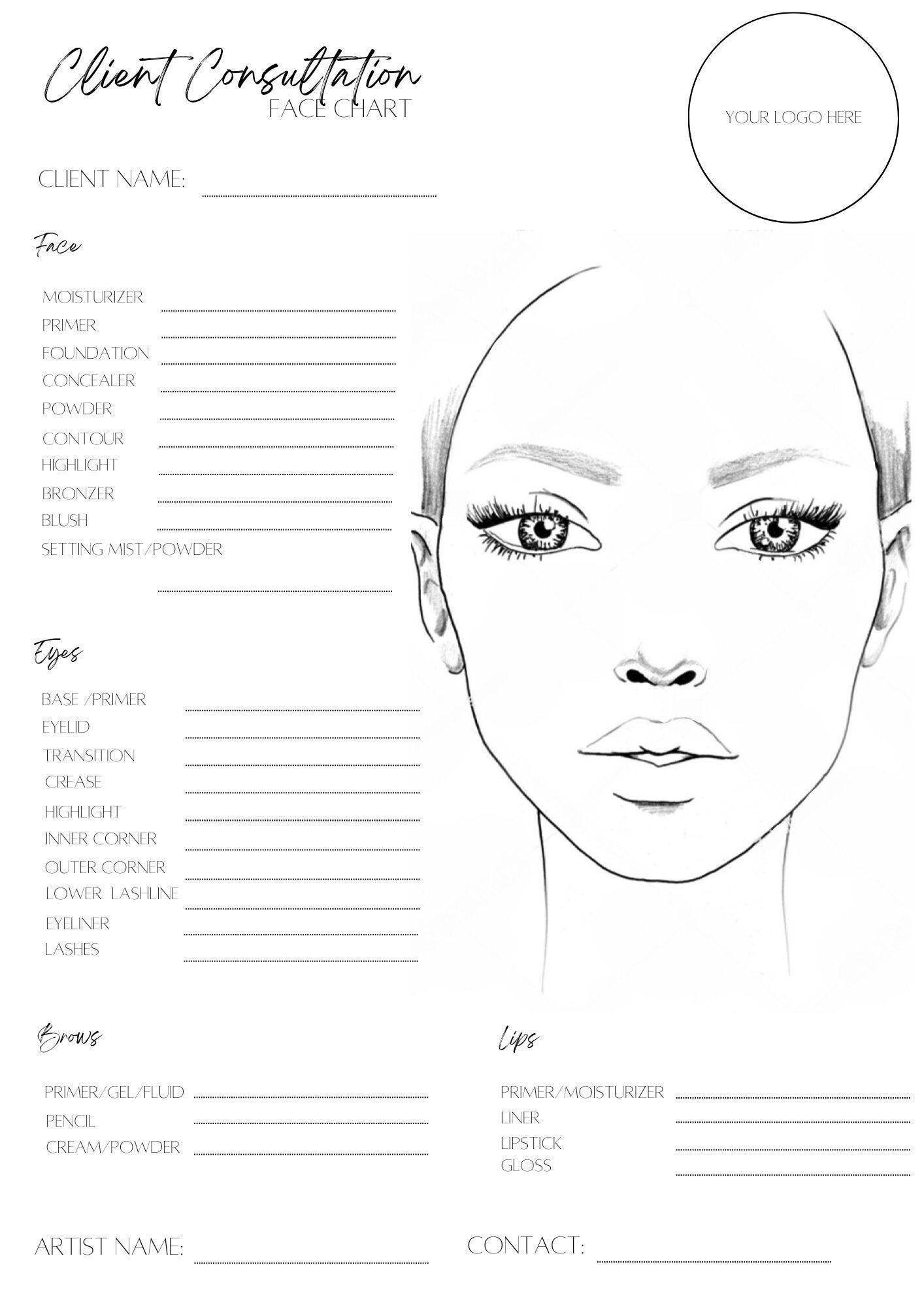 Makeup Face Chart, Face Chart Practice Sheets, Printable Make up ...