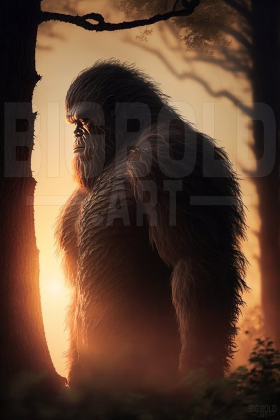 Bigfoot Standing in the Woods at Sunset, Artist's Impression of ...