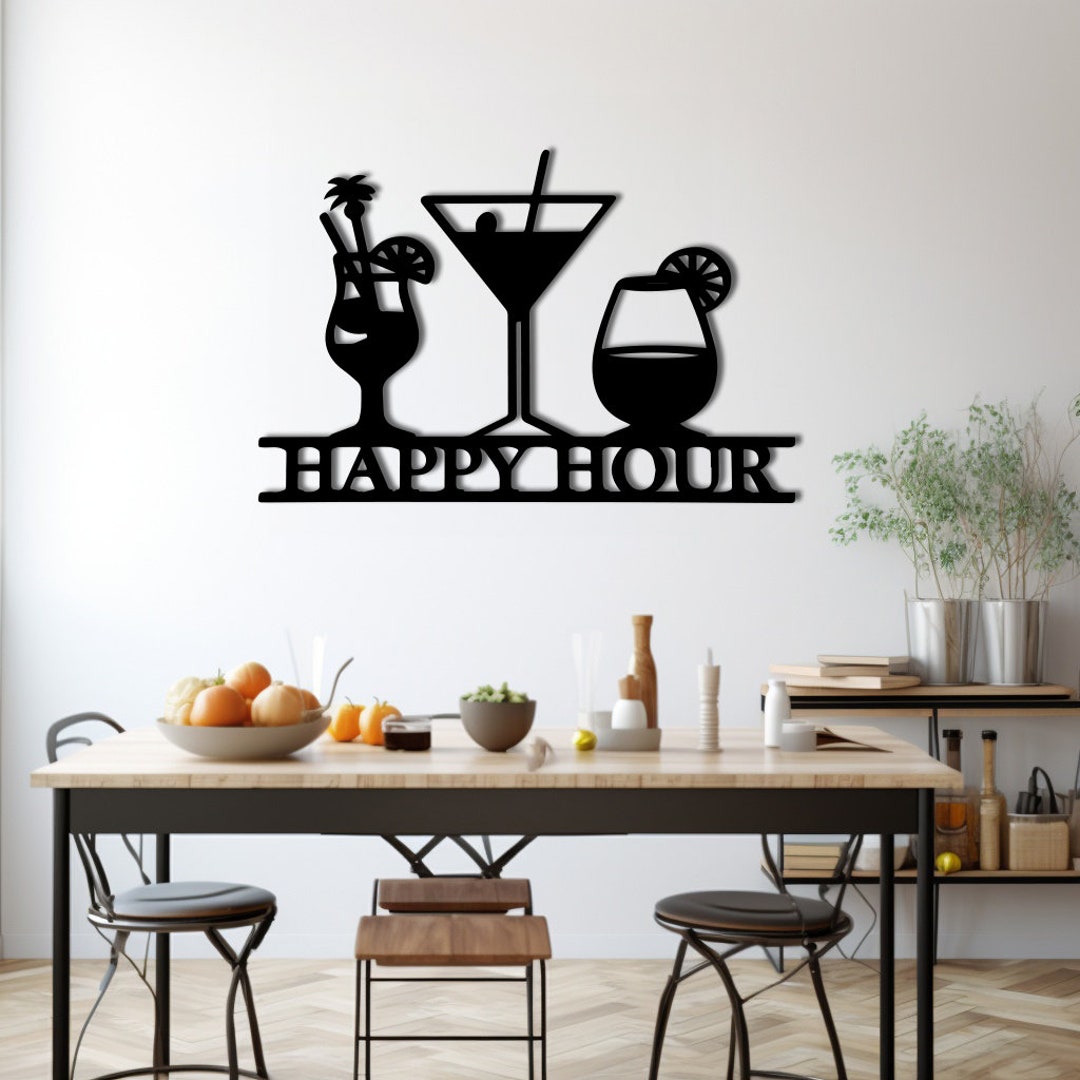 Happy Hour Text Metal Wall Art, Bar Decor, Modern Industrial Wall ...