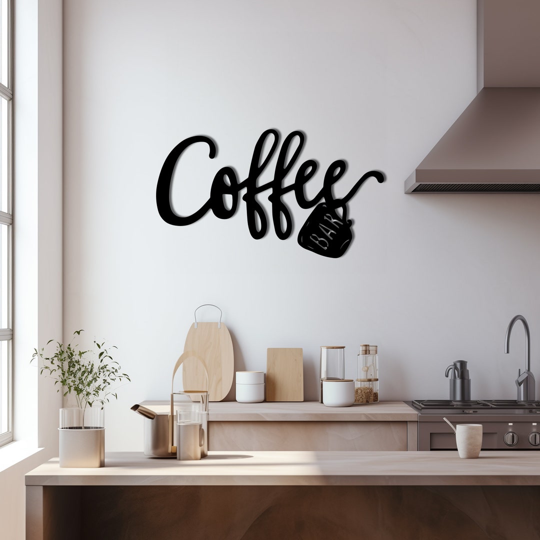 Coffee Bar Text Metal Wall Art, Modern Kitchen Decor, Coffee Shop Sign ...