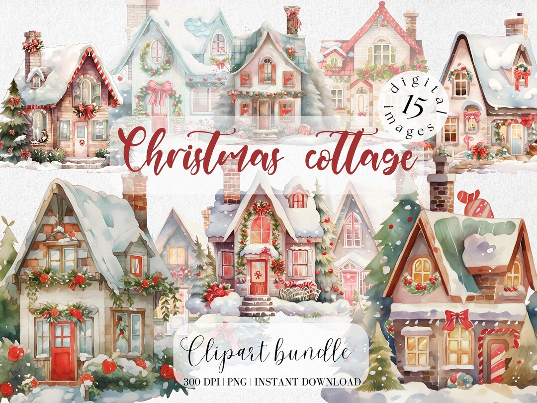 Christmas Cottage Watercolor Bundle, Winter House Clipart, Cottage in ...