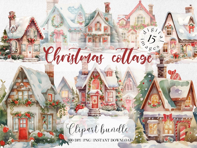 Christmas Cottage Watercolor Bundle, Winter House Clipart, Cottage in ...