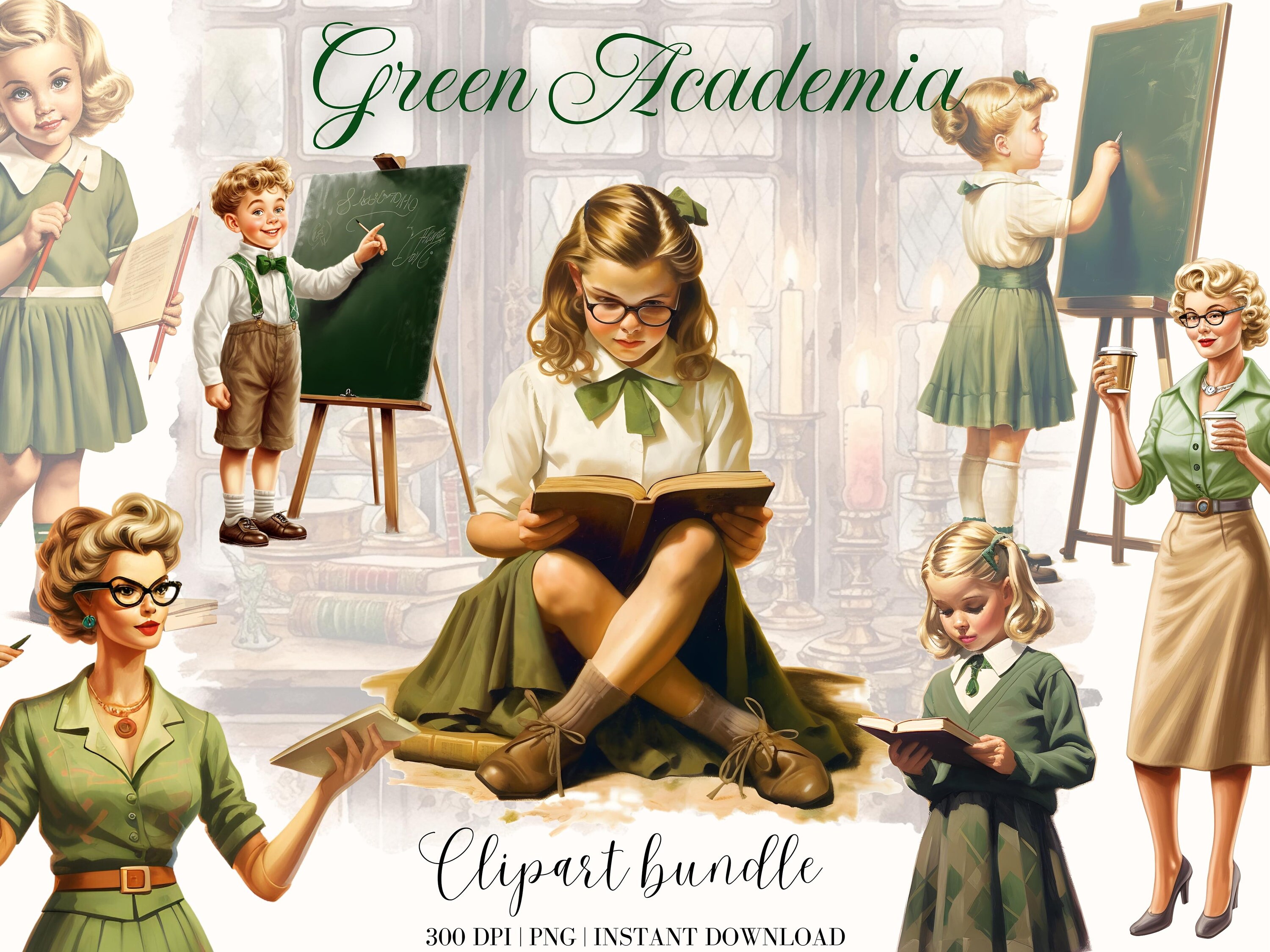 Green Academia Watercolor Clipart Bundle Back to School - Etsy