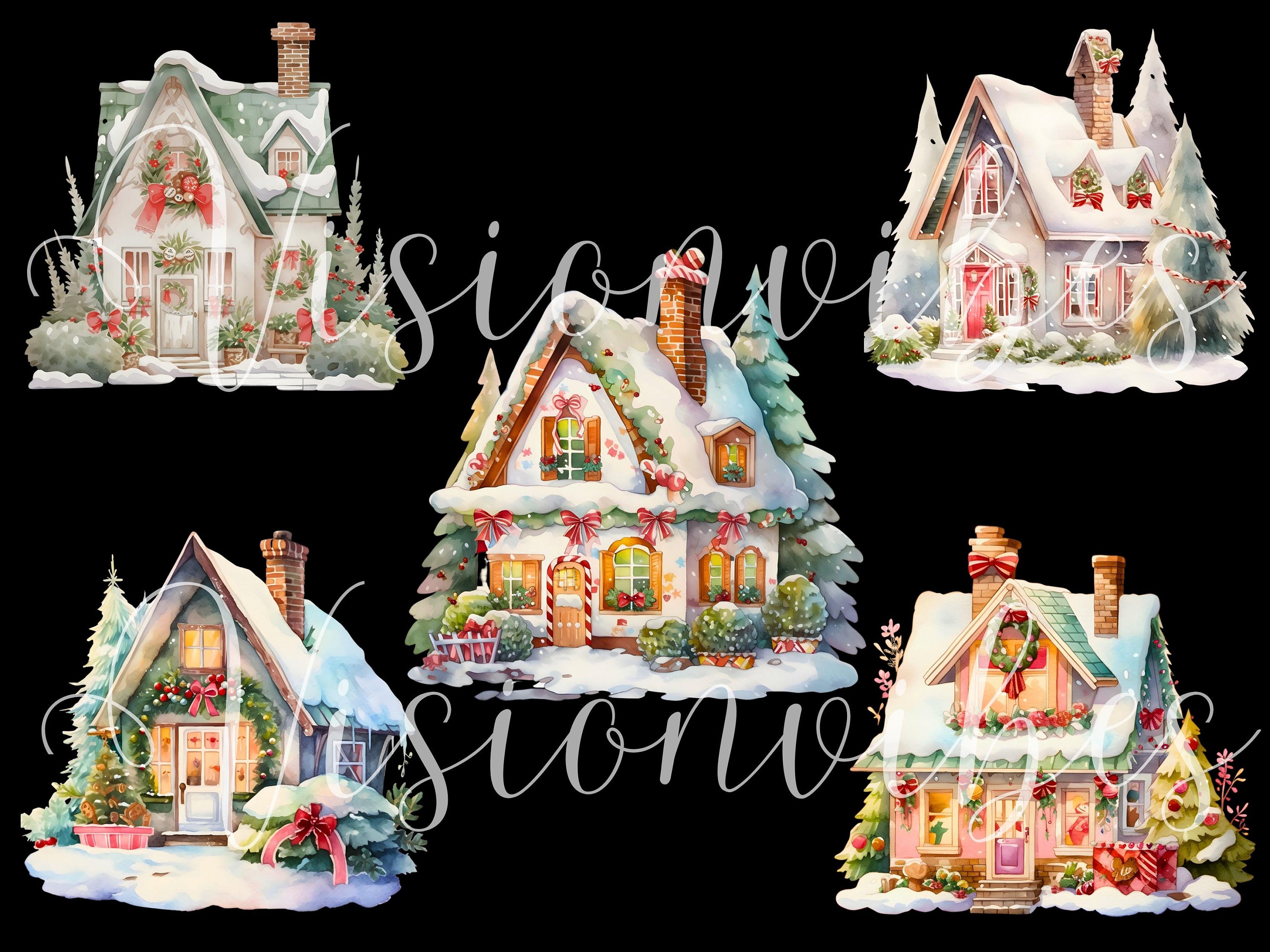 Christmas Cottage Watercolor Bundle, Winter House Clipart, Cottage in ...