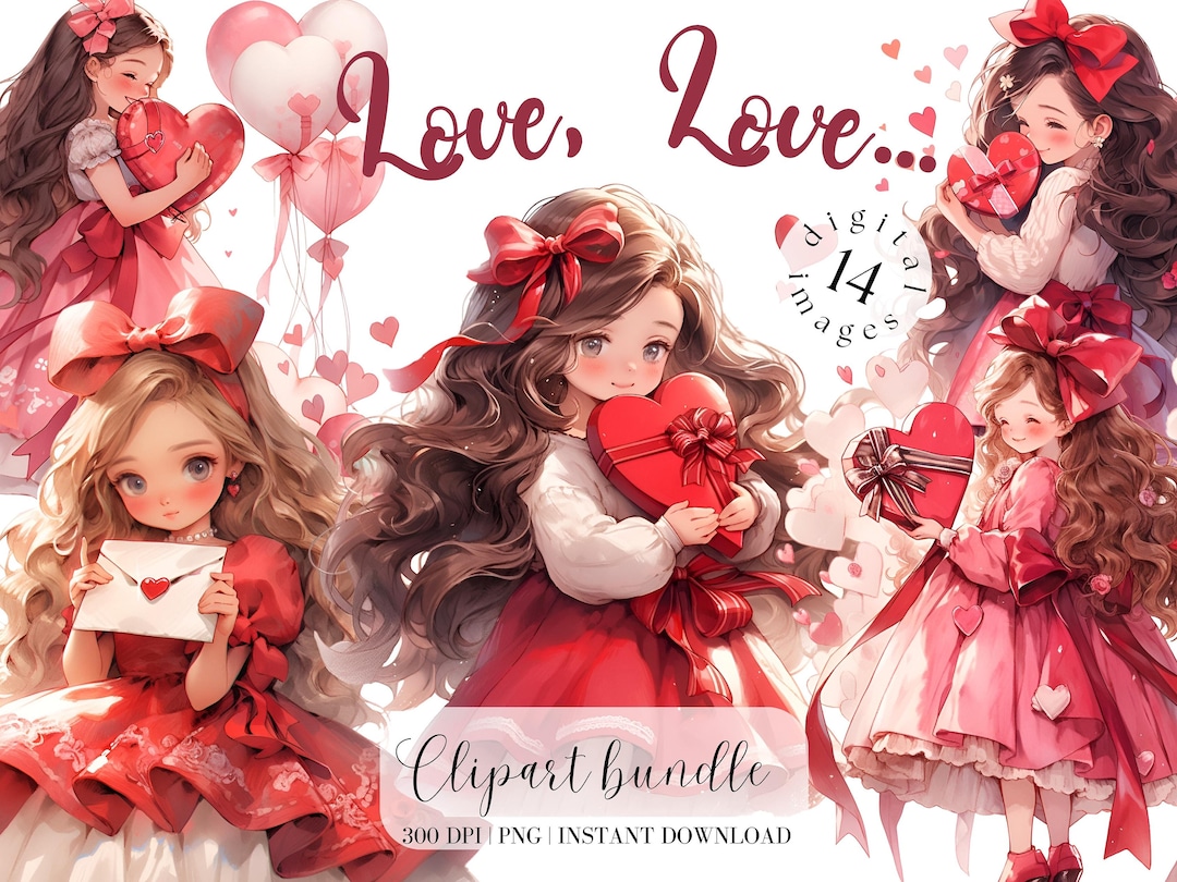 Valentines Day Clipart Bundle Cute Little Valentine Girl With Red ...