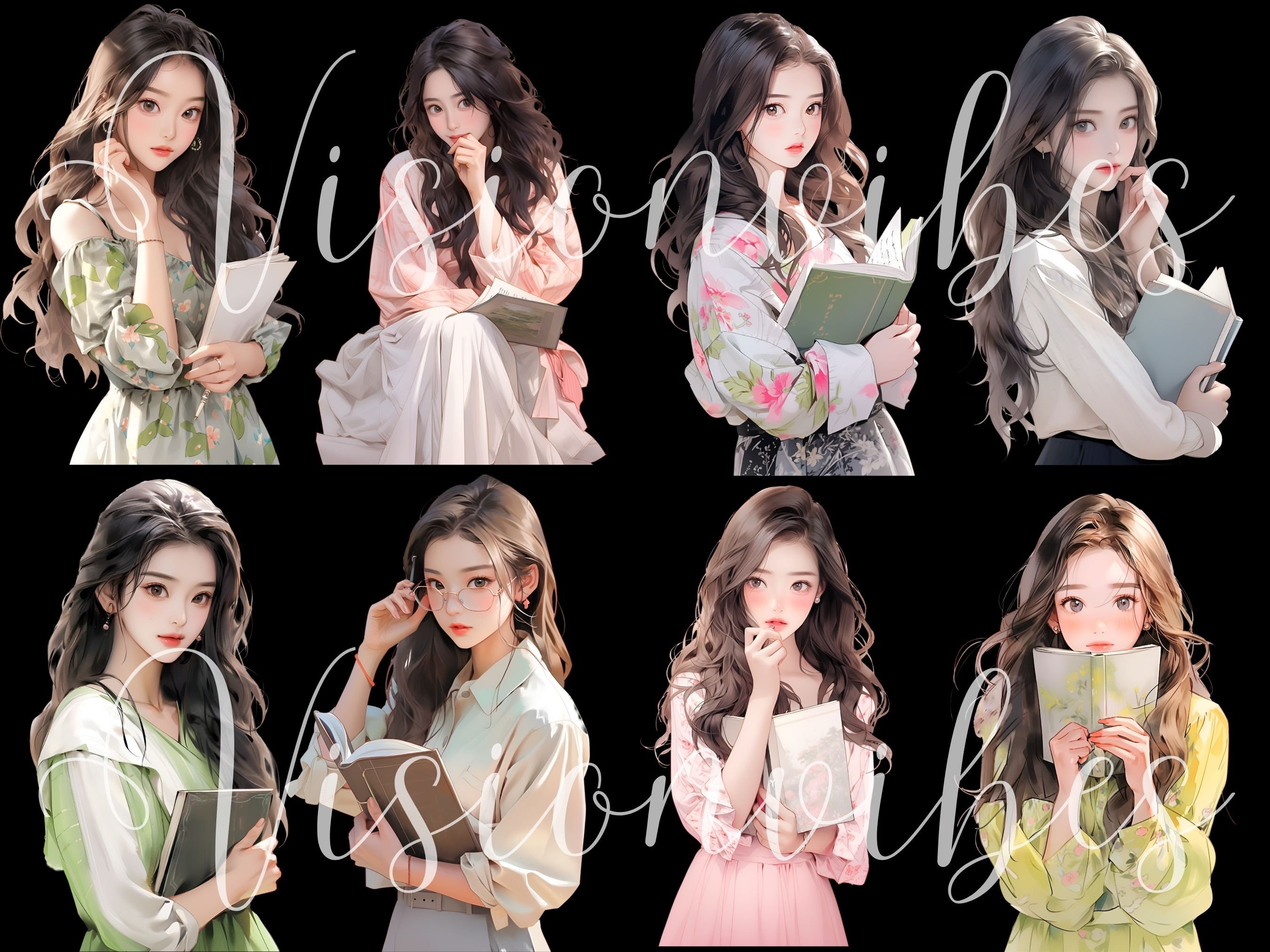 Asian Book Lover Clipart Book Clip Art Watercolor Cute Girl Clipart ...