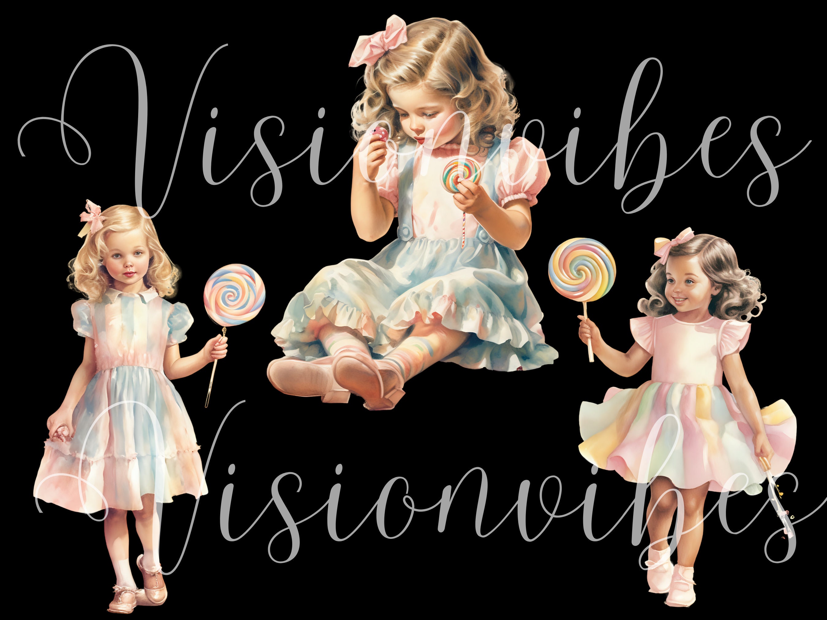 Retro Girl With Candy Watercolor Clipart Bundle Little Girl - Etsy