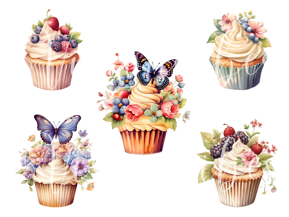 Floral Cupcake Clipart Watercolor Cupcake Clipart Bundle Cupcake PNG ...