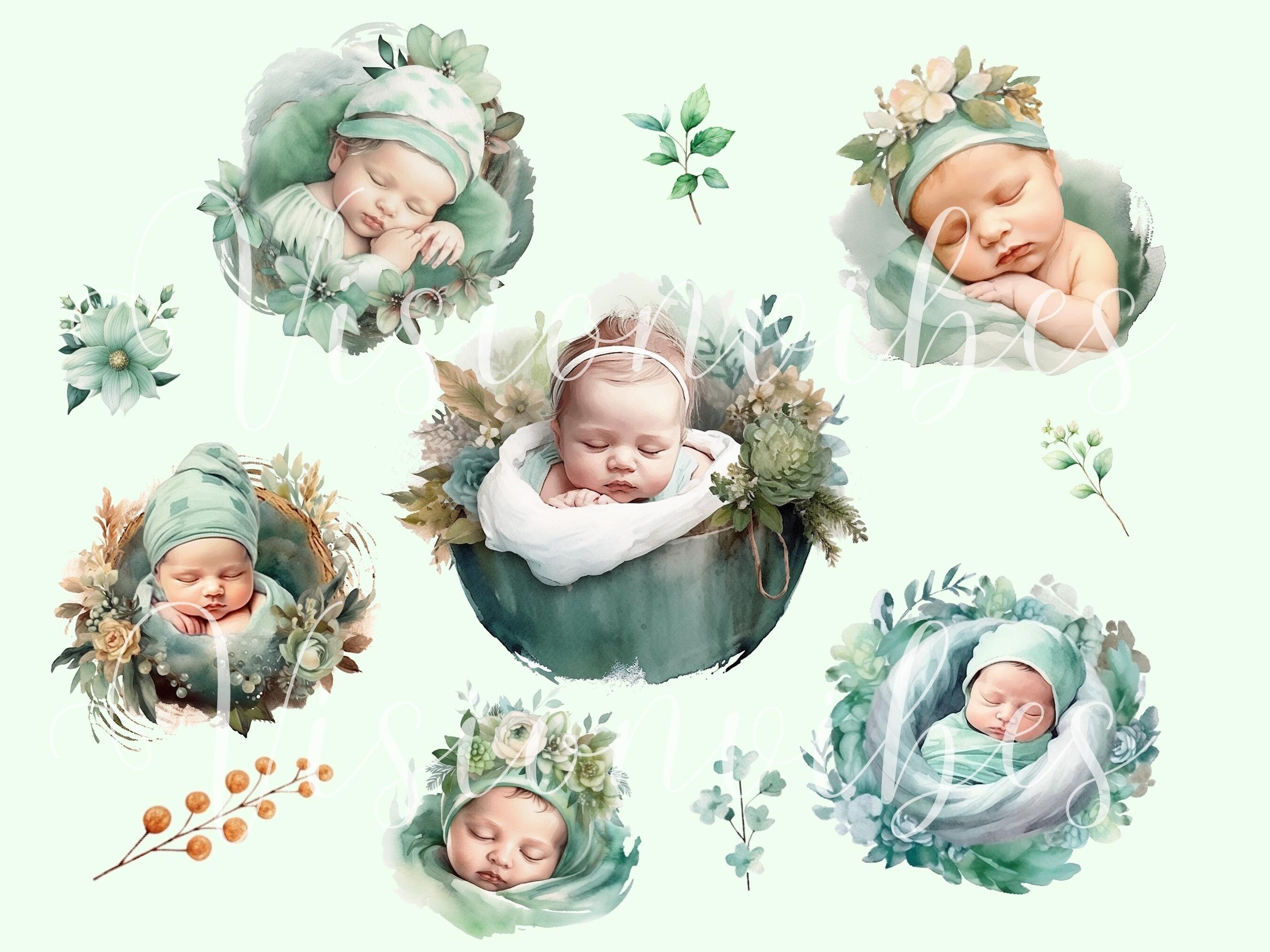 Newborn Watercolor Clipart Bundle Mint Boho Baby Clipart Nursery ...