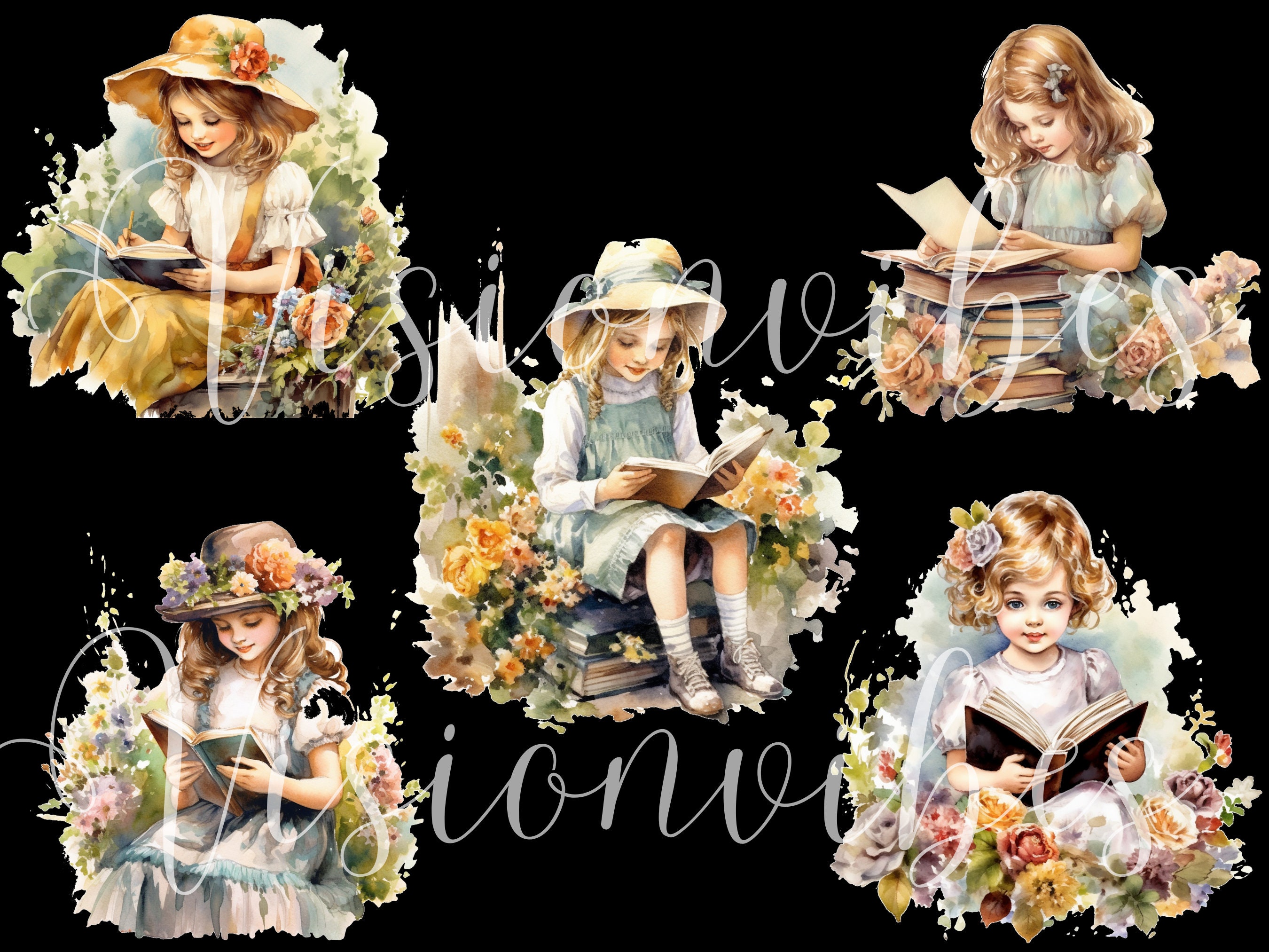 Vintage Book Lover Clipart Book Clip Art Watercolor Vintage Girl ...
