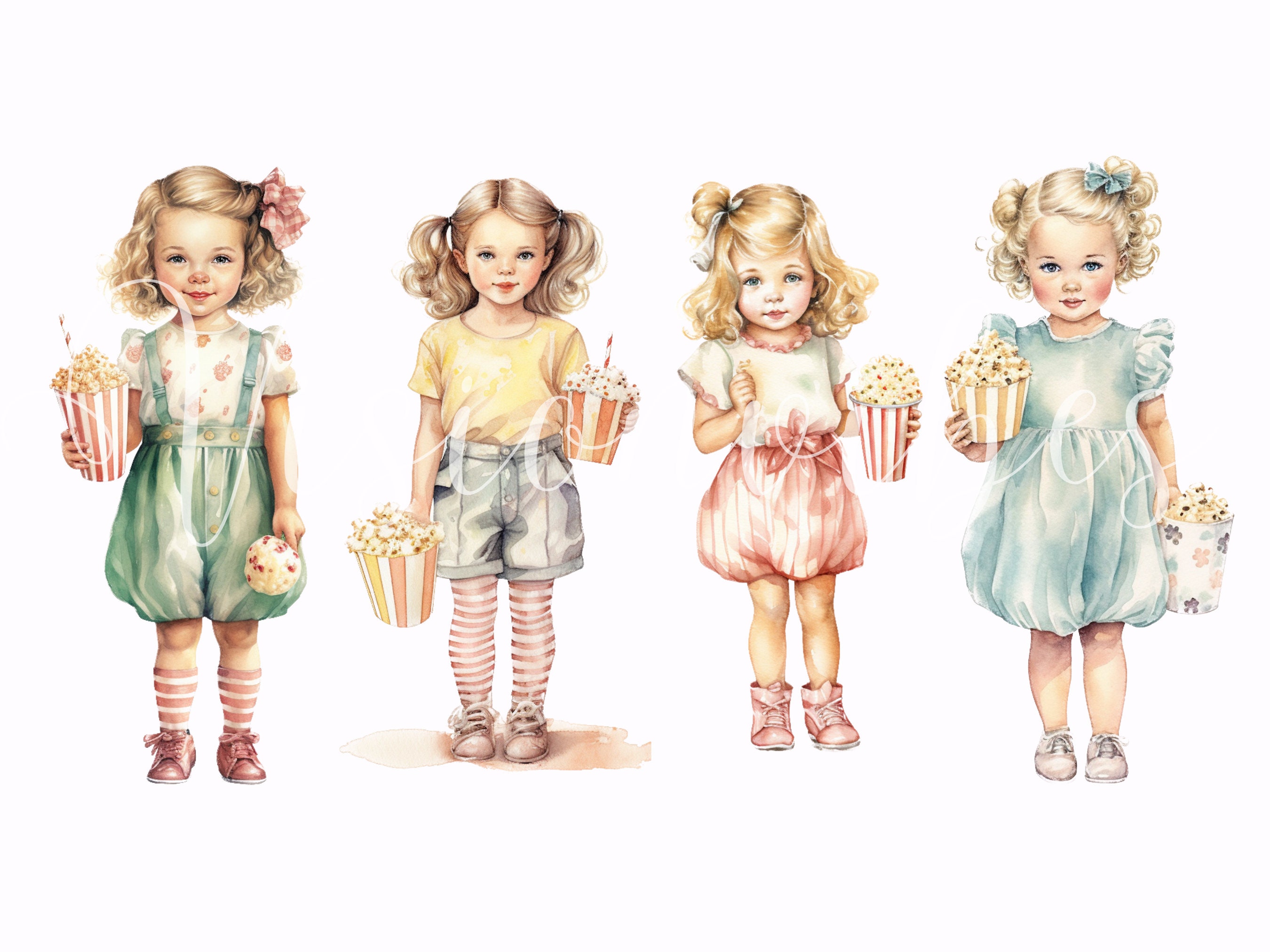 Girl With Popcorn Clipart Bundle Watercolor Clipart Retro Girl Clipart ...