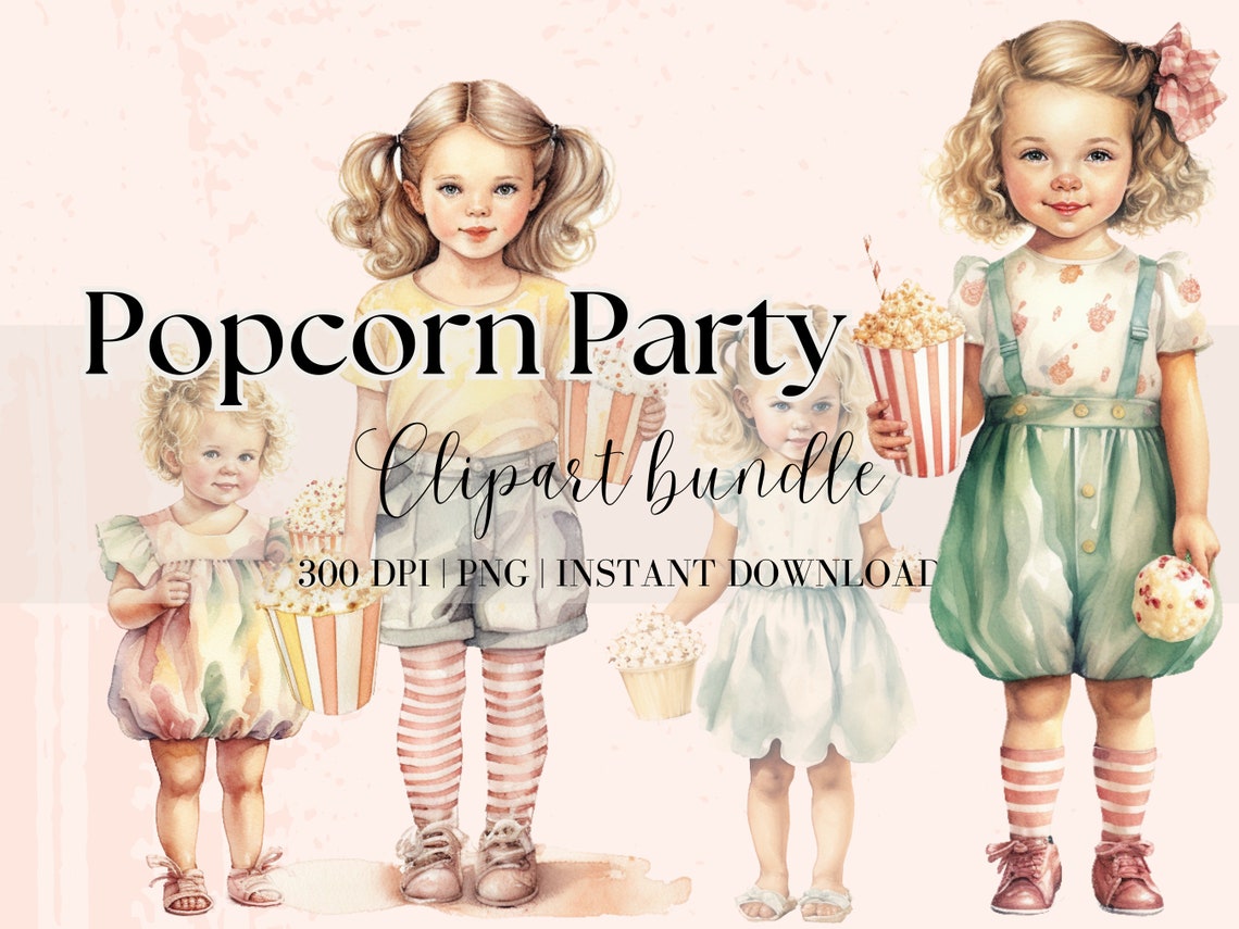 Girl With Popcorn Clipart Bundle Watercolor Clipart Retro Girl Clipart ...