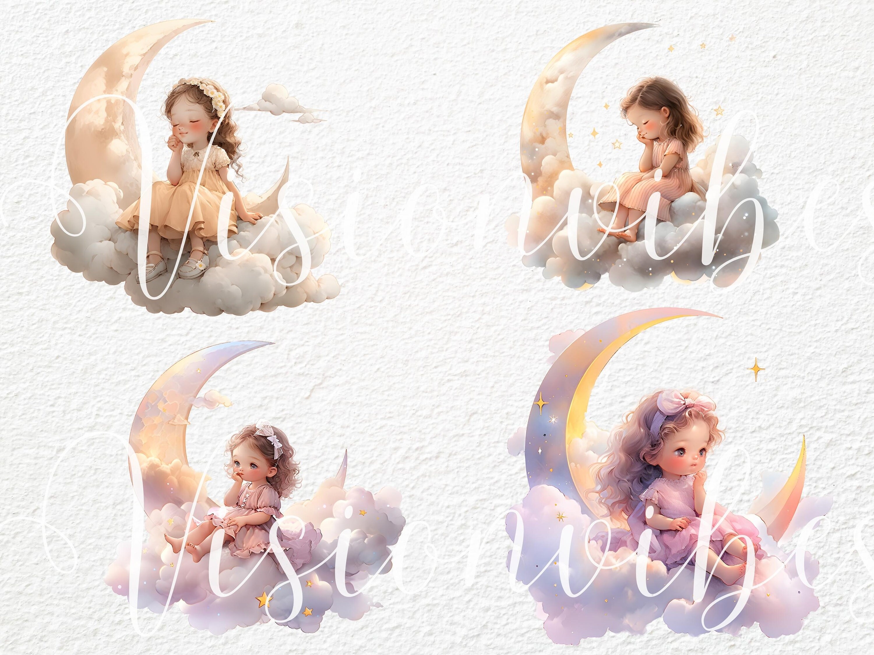 Cute Little Girl in Clouds Clipart Bundle Good Night Clipart Sleepy ...