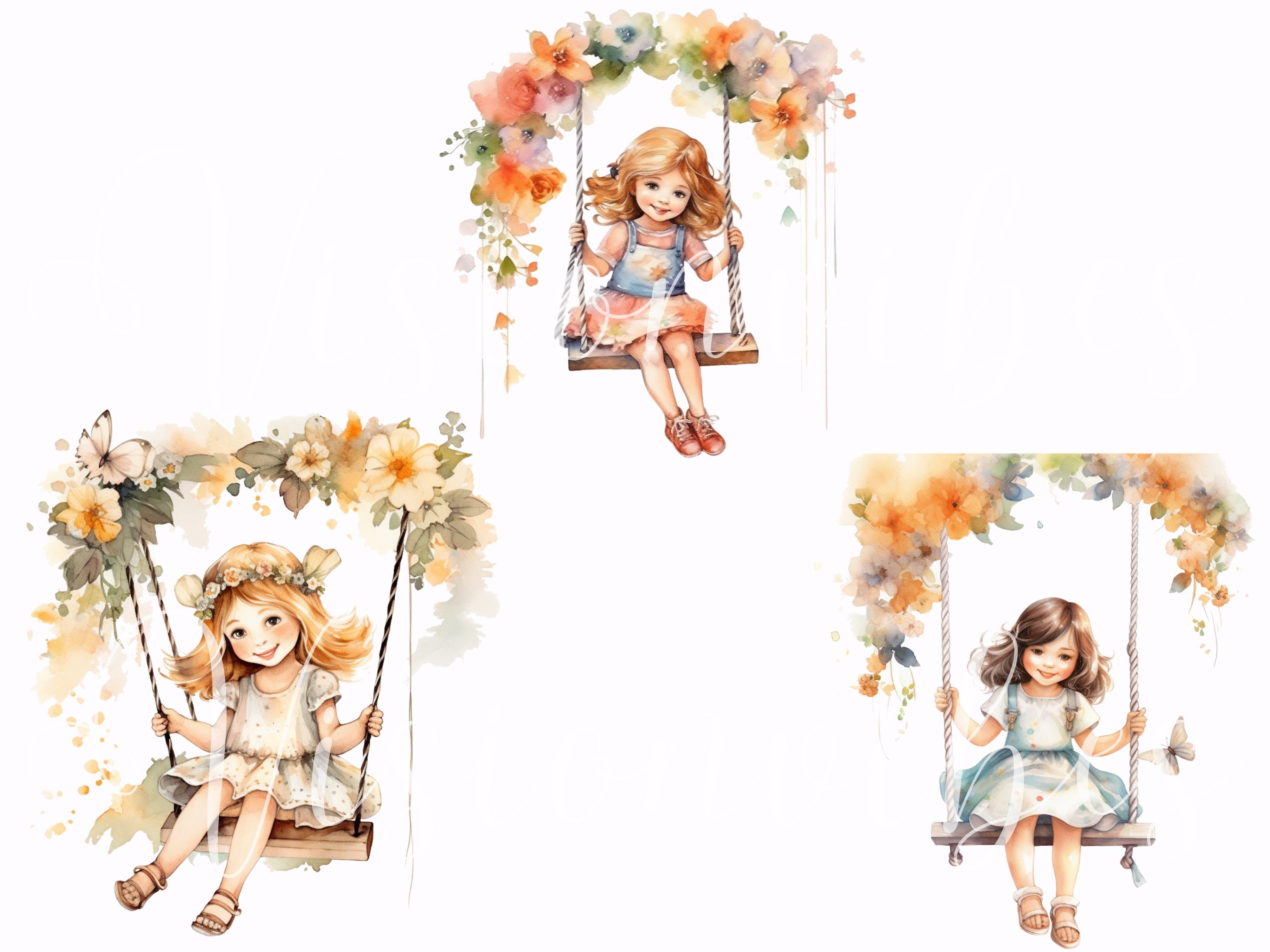 Girl on Swing Watercolor Clipart Girl on Swing Digital Download ...