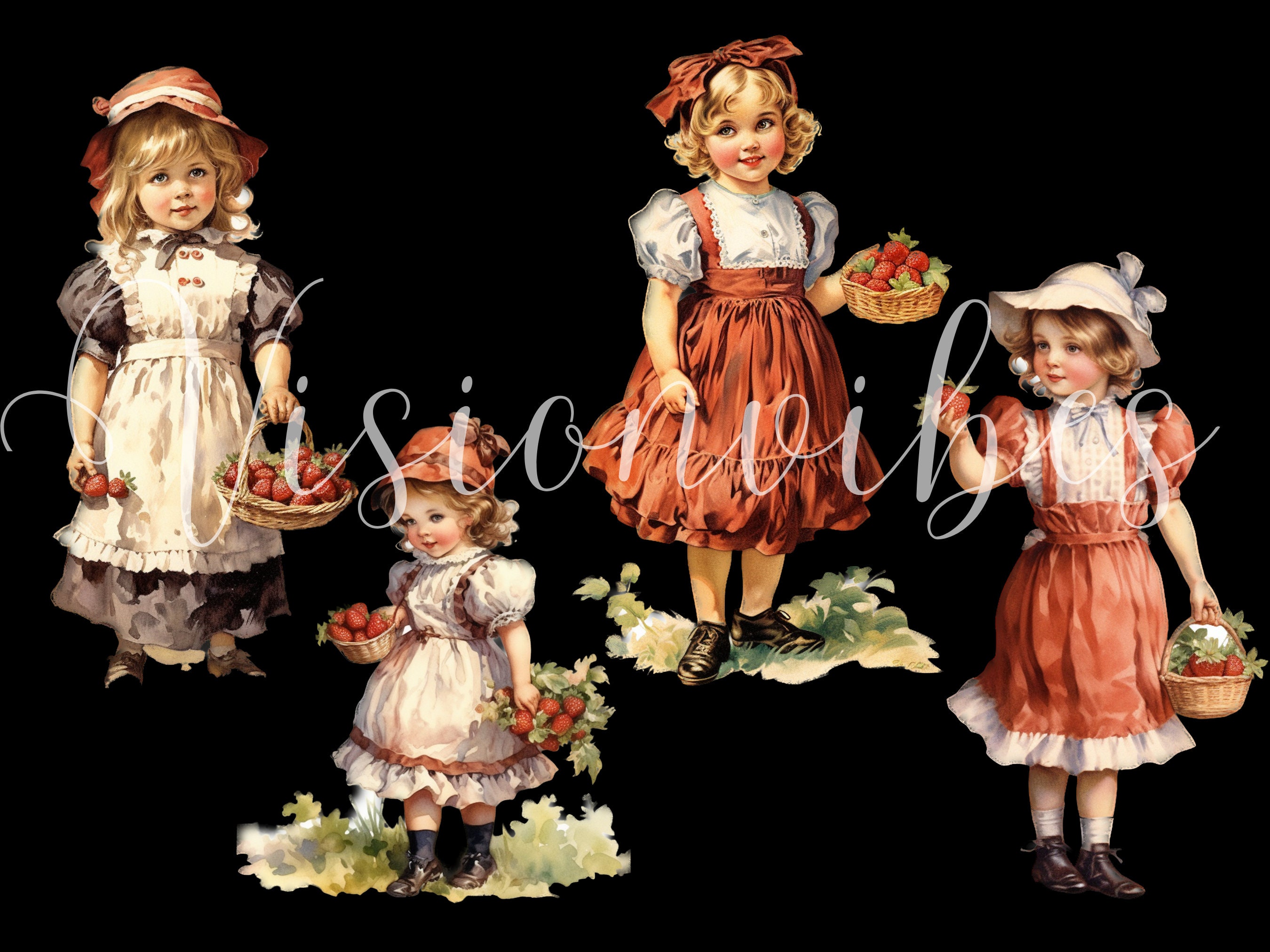 Vintage Girl Picking Strawberries Clipart Bundle | Vintage Girl Digital ...