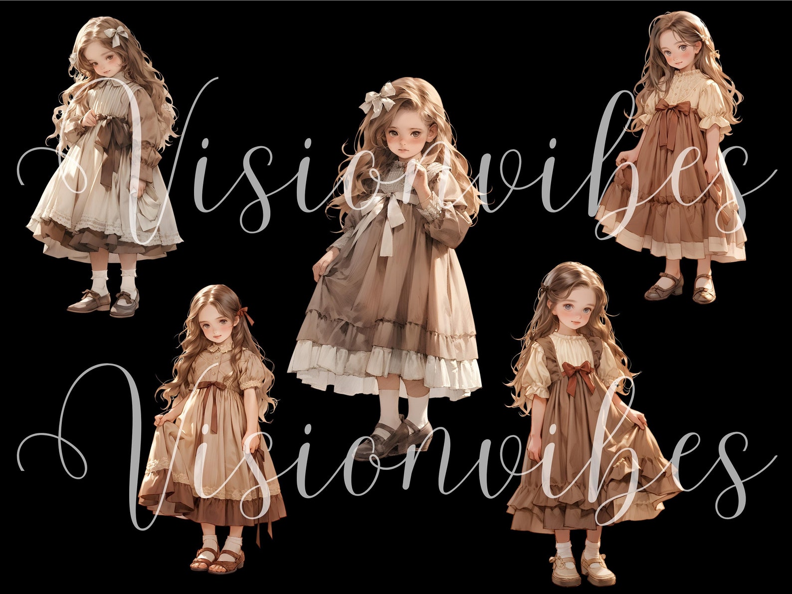 Retro Little Girl in Beige Dress Clipart Bundle Vintage Girl in Vintage ...
