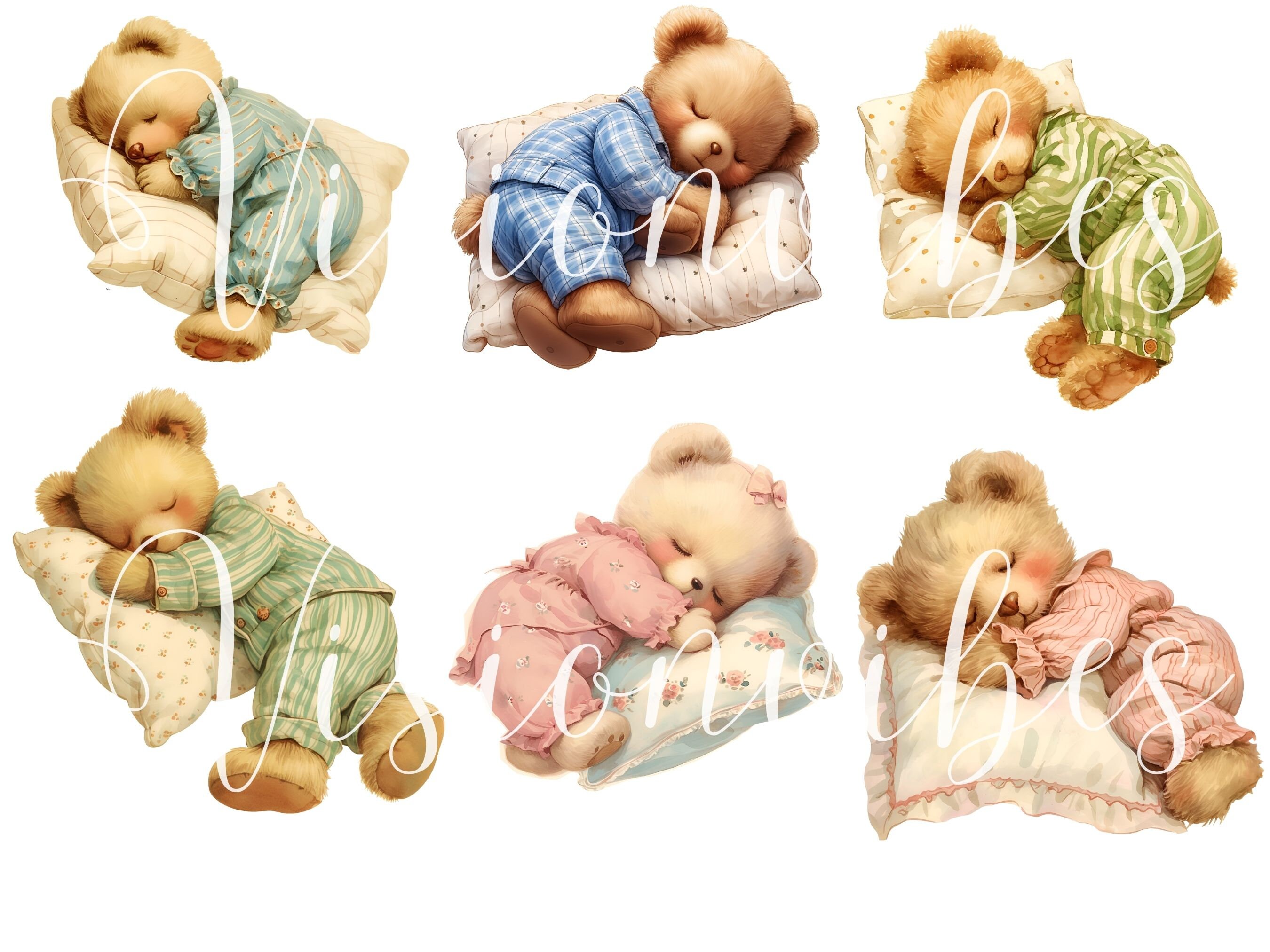 Teddy Bear Sleeping on a Pillow Clipart Bundle Watercolor Bear Pink ...
