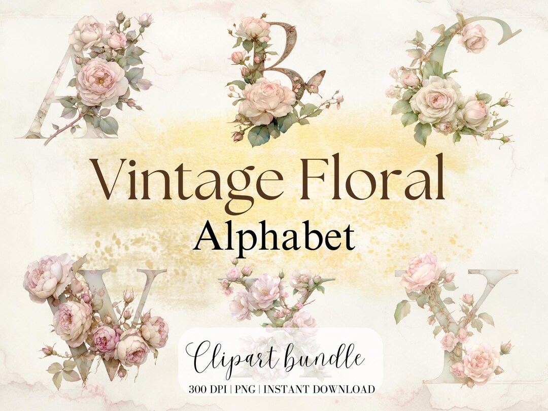 Alphabet Clipart Vintage Floral Romantic Letters English Watercolor ...