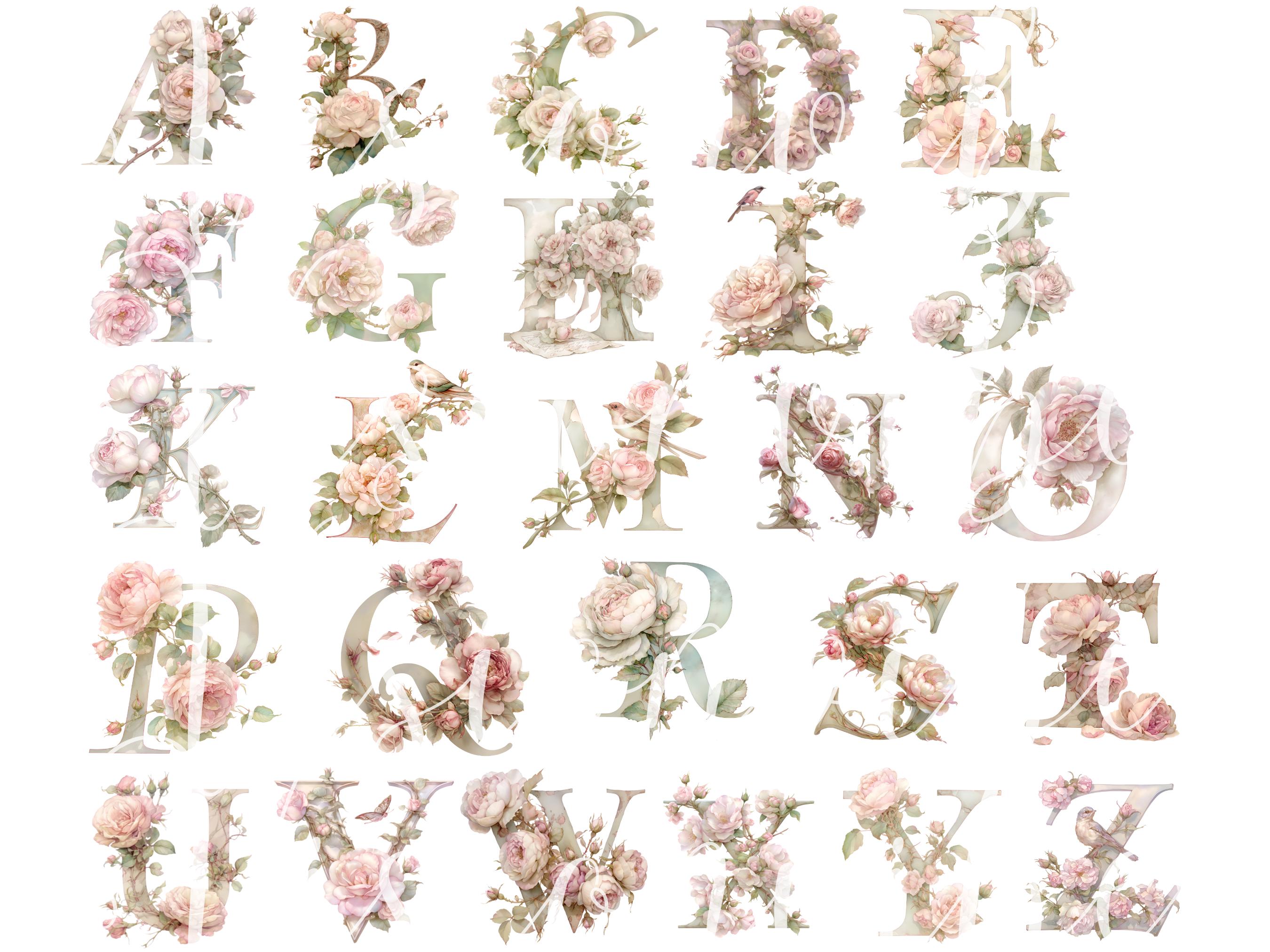 Alphabet Clipart Vintage Floral Romantic Letters English Watercolor ...